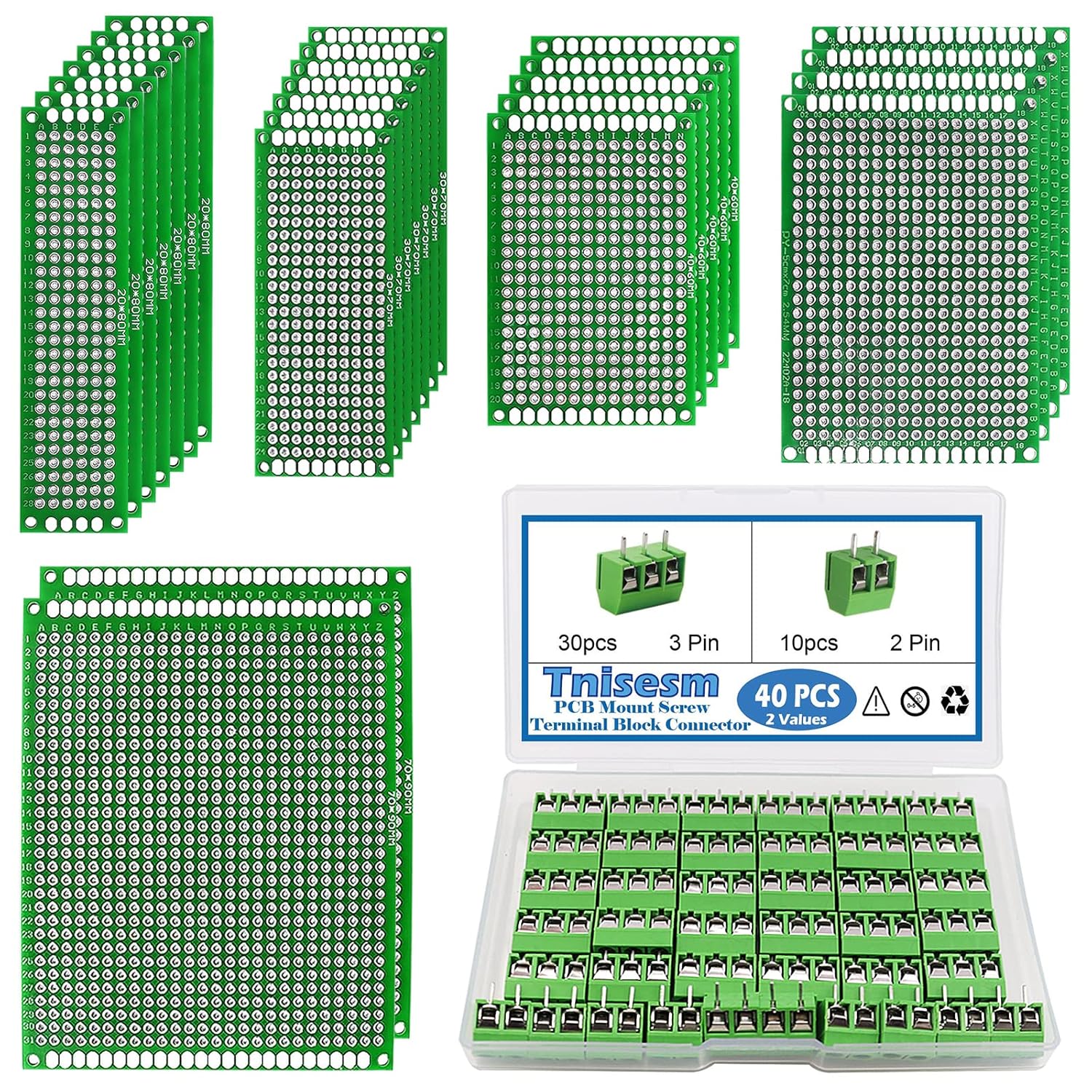 Tnisesm 72Pcs 5 Vaules Double Sided PCB Board Prototype Kits,40Pcs 2 ...