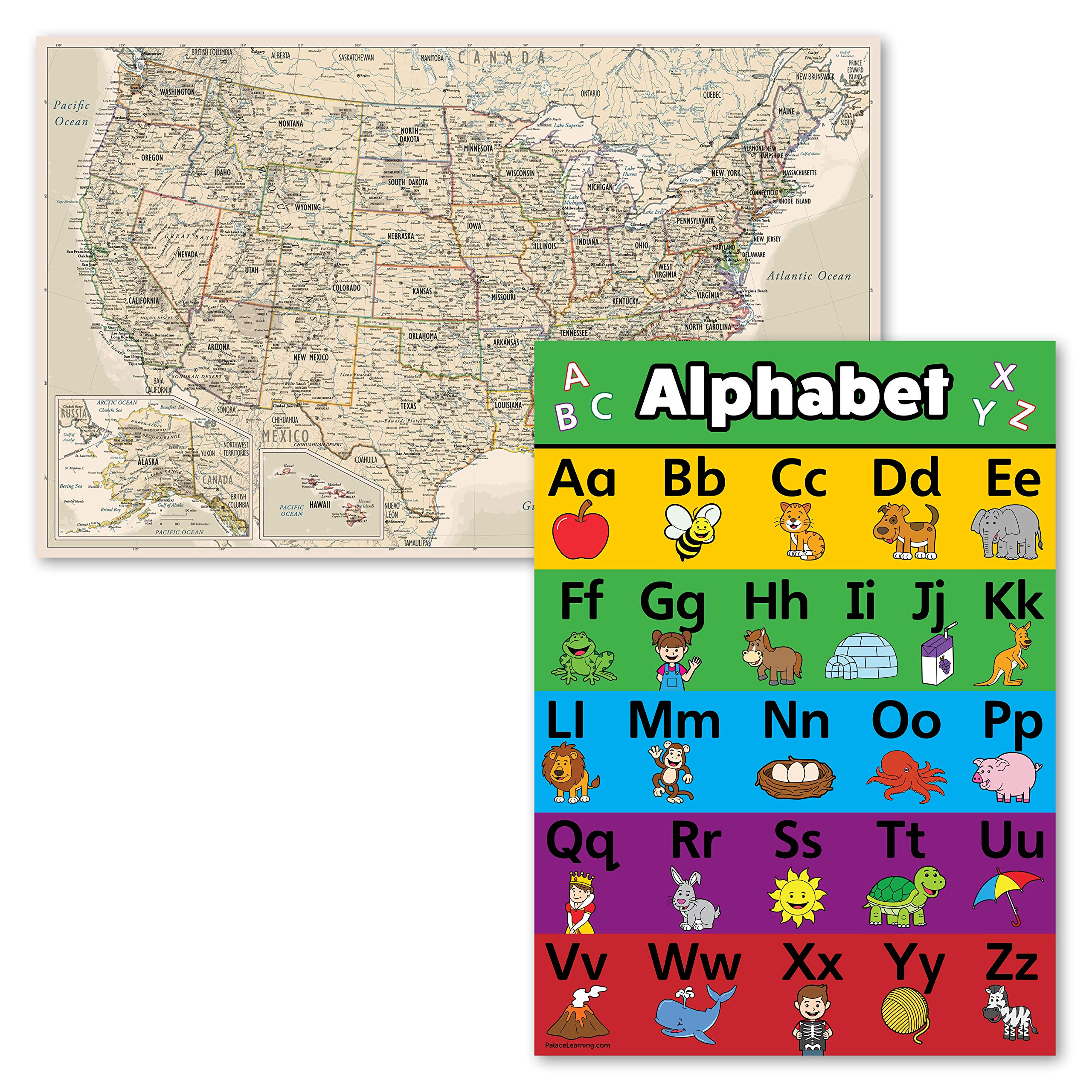 2 Pack Antique Style Usa Map Abc Alphabet Poster Kids | Desertcart Cyprus