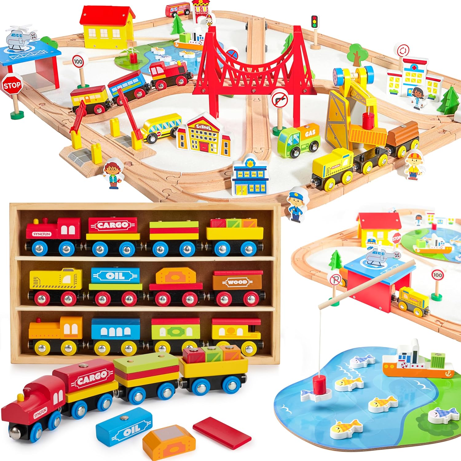 Amazon.com: 110PCS & 12PCS Wooden Train Set for Kids 2-8 – City Railway ...