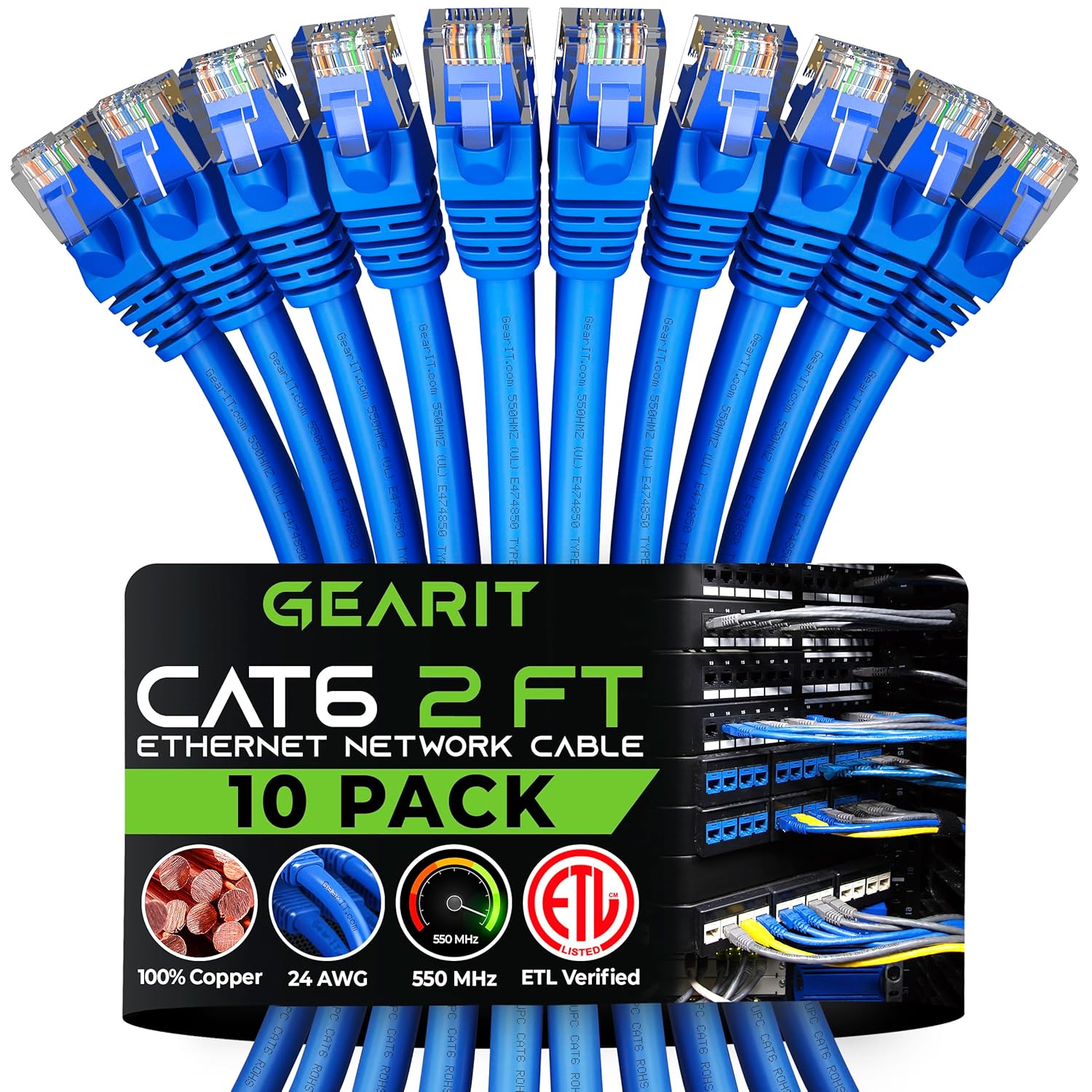 GearIT Cat 6 Ethernet Cable 2 ft (10-Pack) - Cat6 Patch Cable, Cat 6 ...