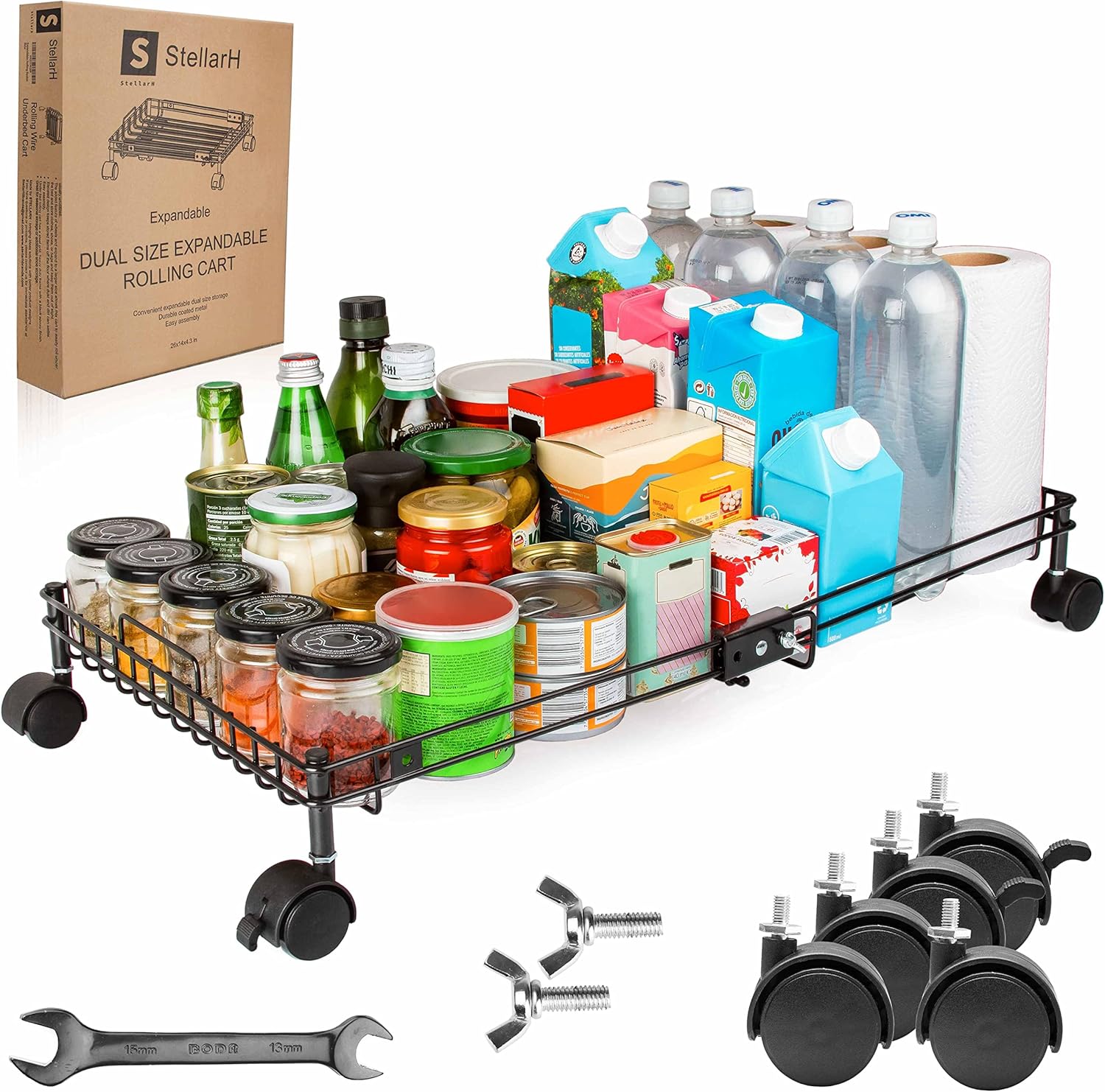 Amazon.com: STELLARH Expandable Rolling Metal Storage Basket with ...