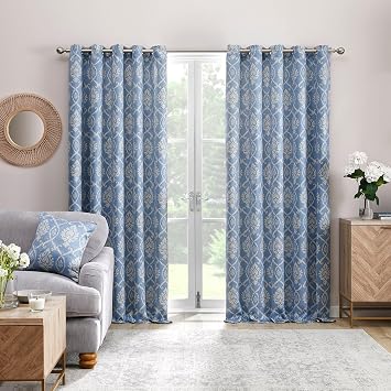 Dreams & Drapes Blue Damask Curtains, Floral Eyelet Panels for Bedroom ...
