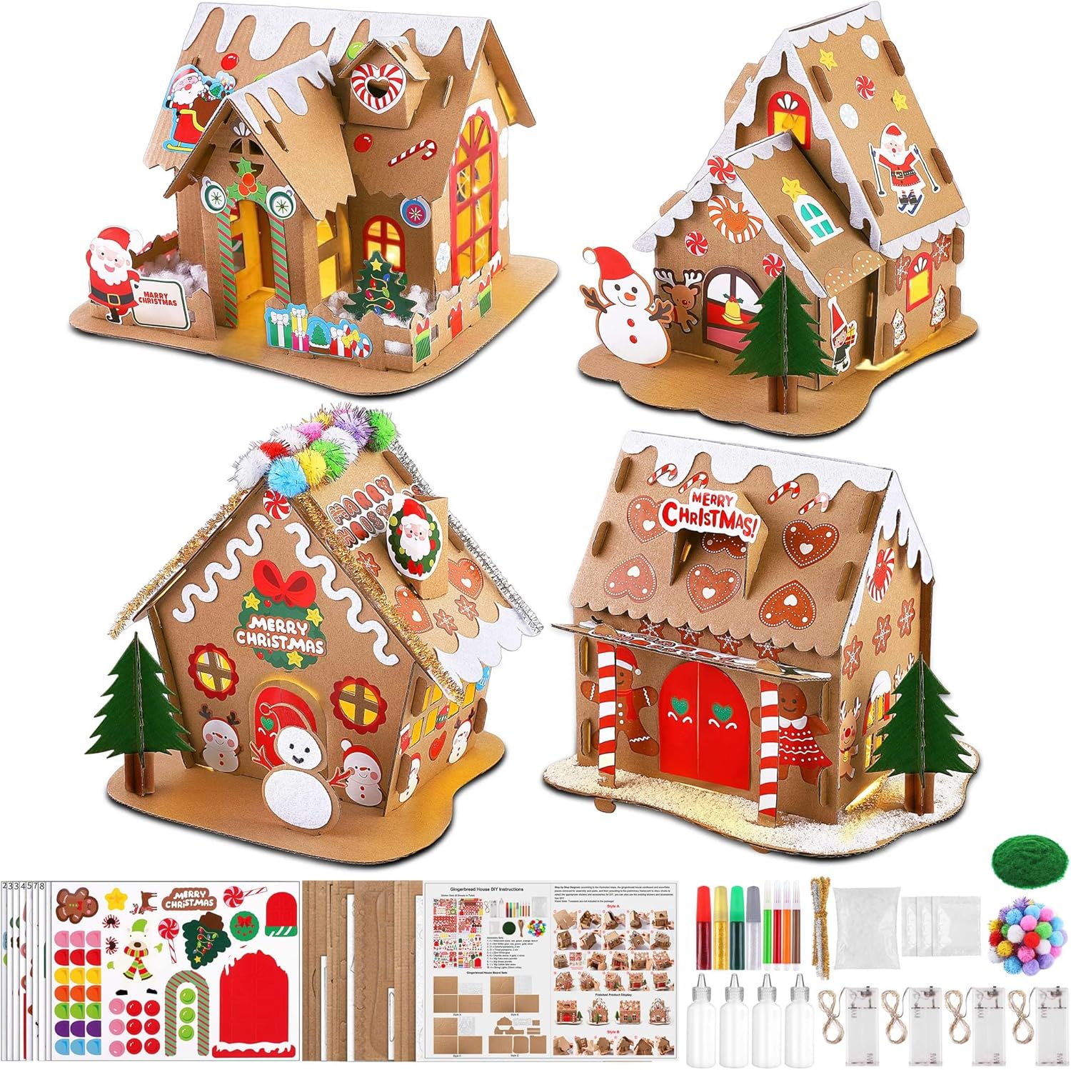 Amazon.com: Fovths 4 Sets DIY Christmas Gingerbread House Kit with LED ...