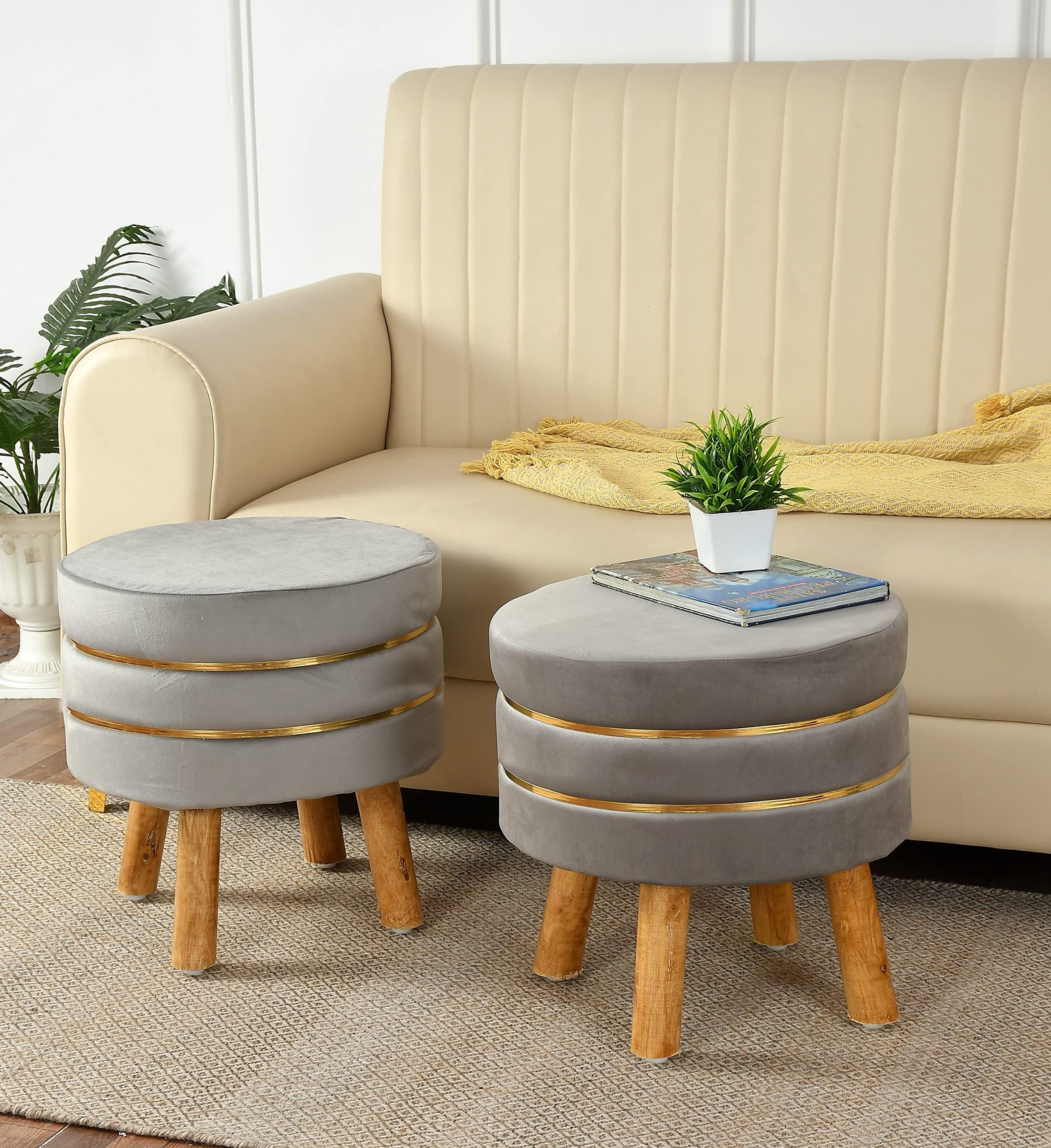 JUMBO CRAFTS Wooden Puffy Round Footstool - Ottoman Stool for Living ...