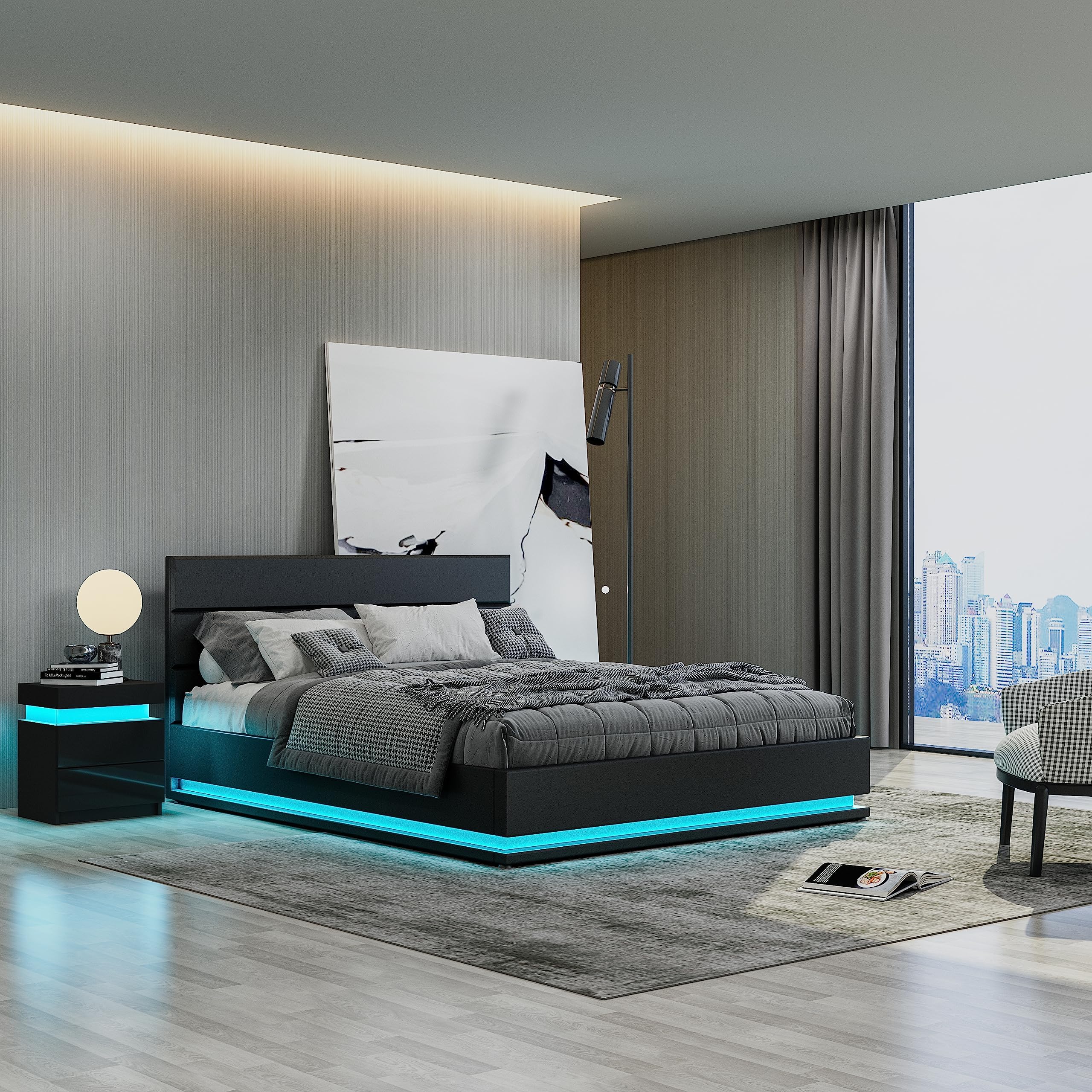 Double Bed Frame,4ft6 Wooden Bed Frame with Led Light (Black, Double ...