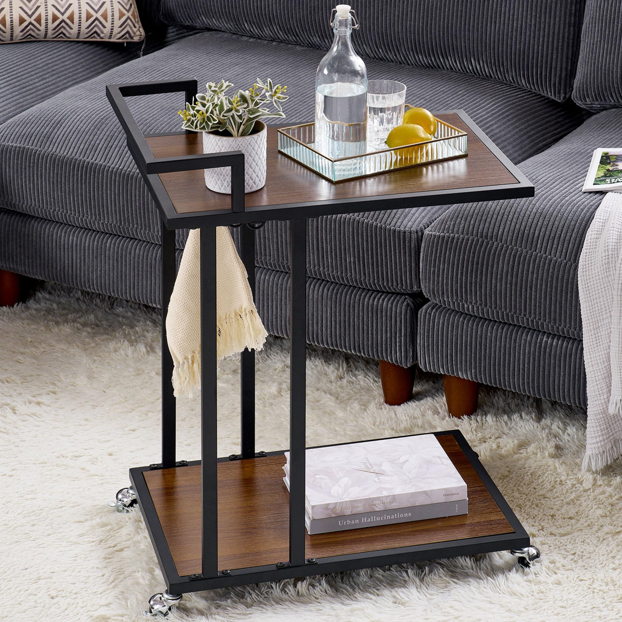 Amazon.com: Niccae Double-Layer C-Shaped Coffee Table Handcart with ...