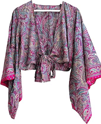 Silk Tie Front Bell Sleeve Crop Tops | Indian Silk Retro Kimono Wrap Top Flare Sleeve Crop ...