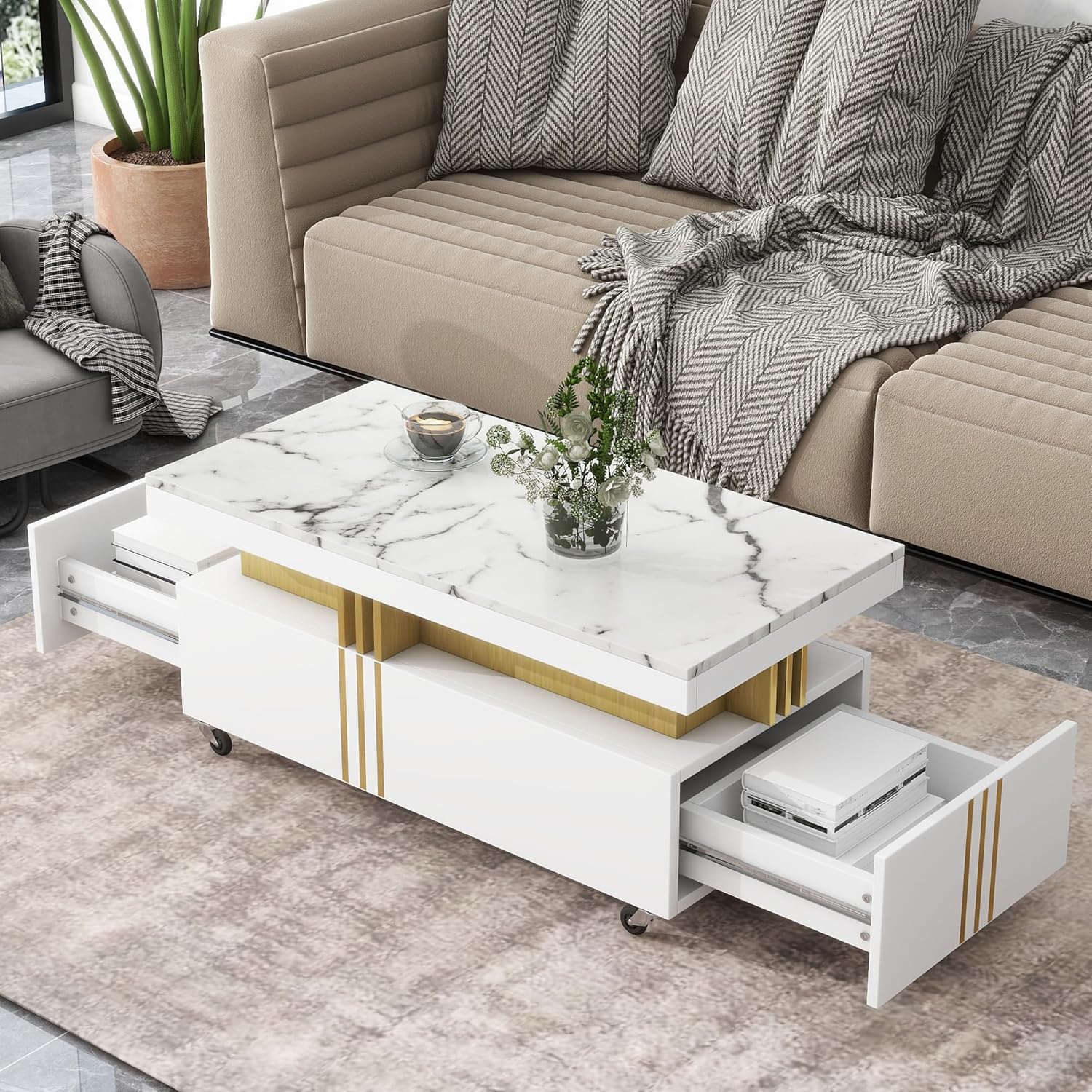 Amazon.com: Merax Coffee Table with Faux Marble Top, Modern Center ...
