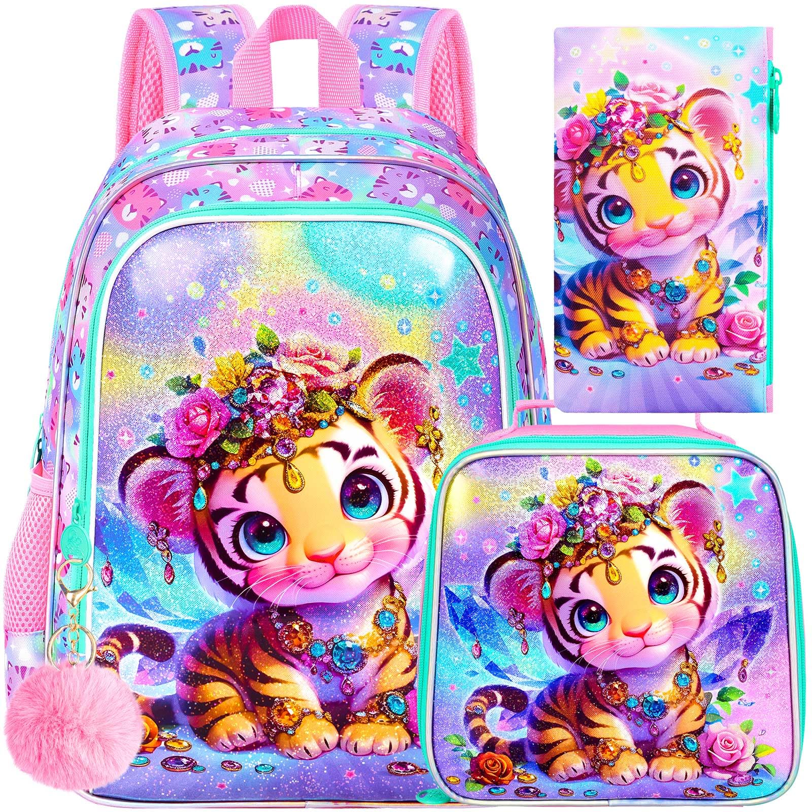 Amazon.com | ZLYERT 3Pcs Tiger Backpack for Girls, 16" Kids School ...