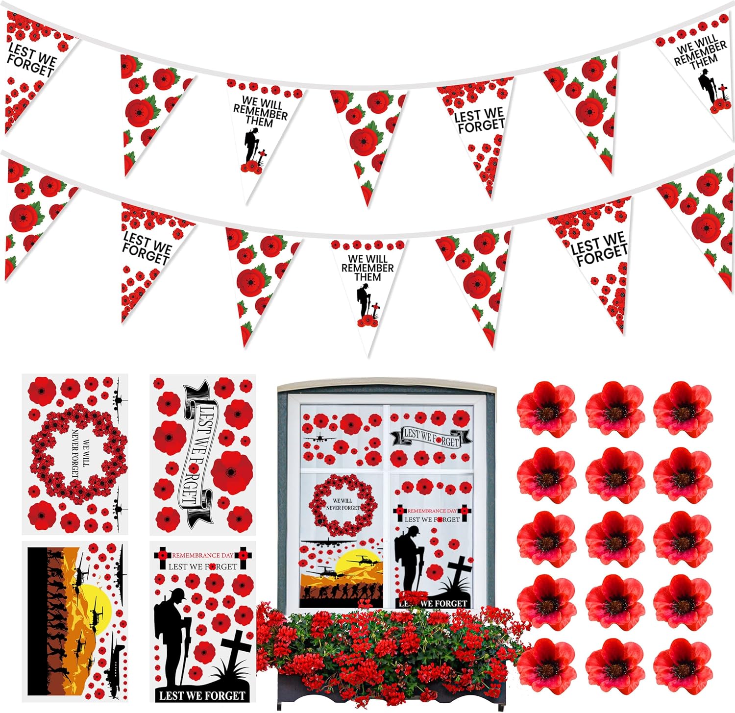 Lest We Forget Bunting 5m, Lest We Forget Window Stickers, Poppy Silk ...
