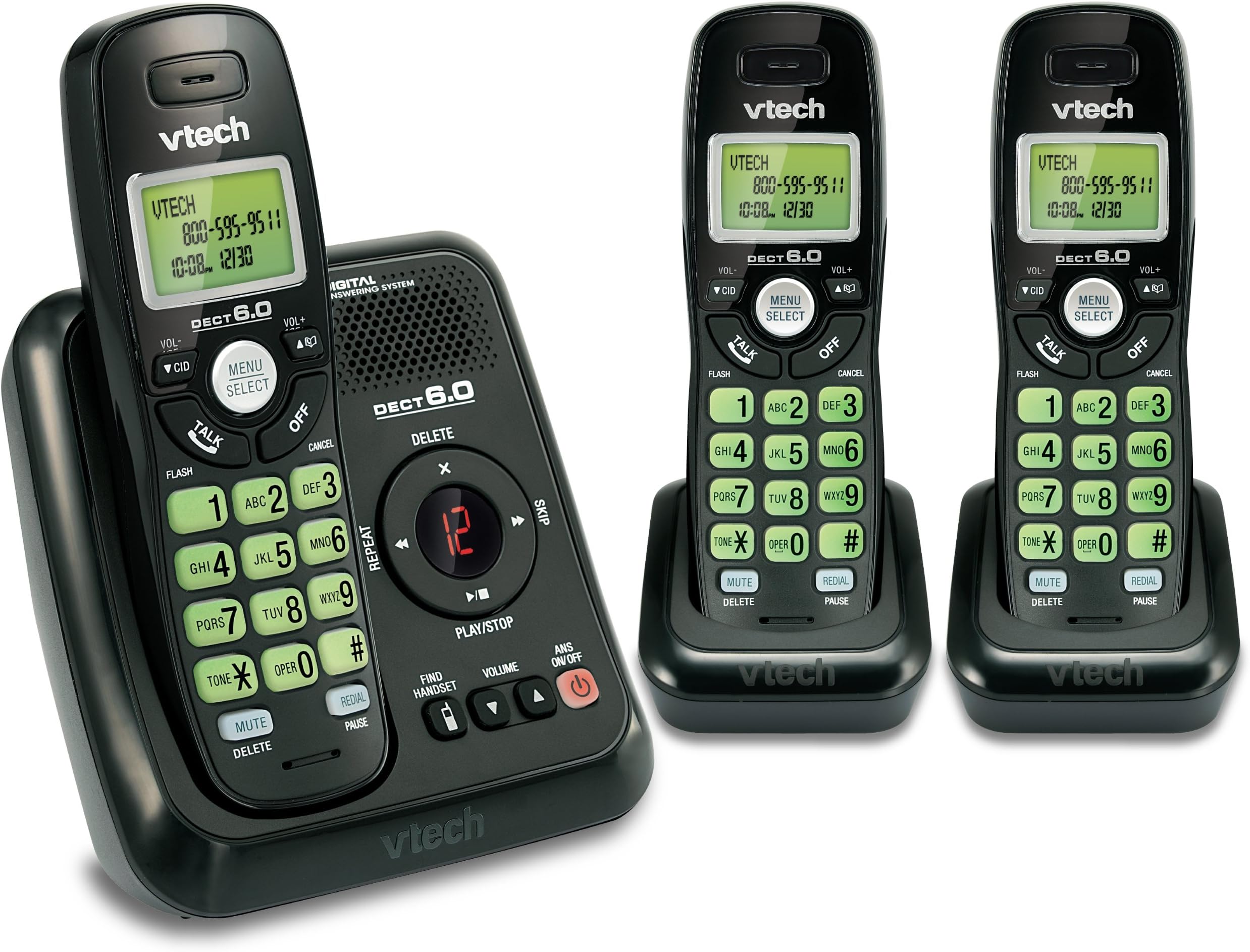 Vtech DECT 6.0 3 Cordless Phones with Caller ID, ITAD, Black - CS6124 ...