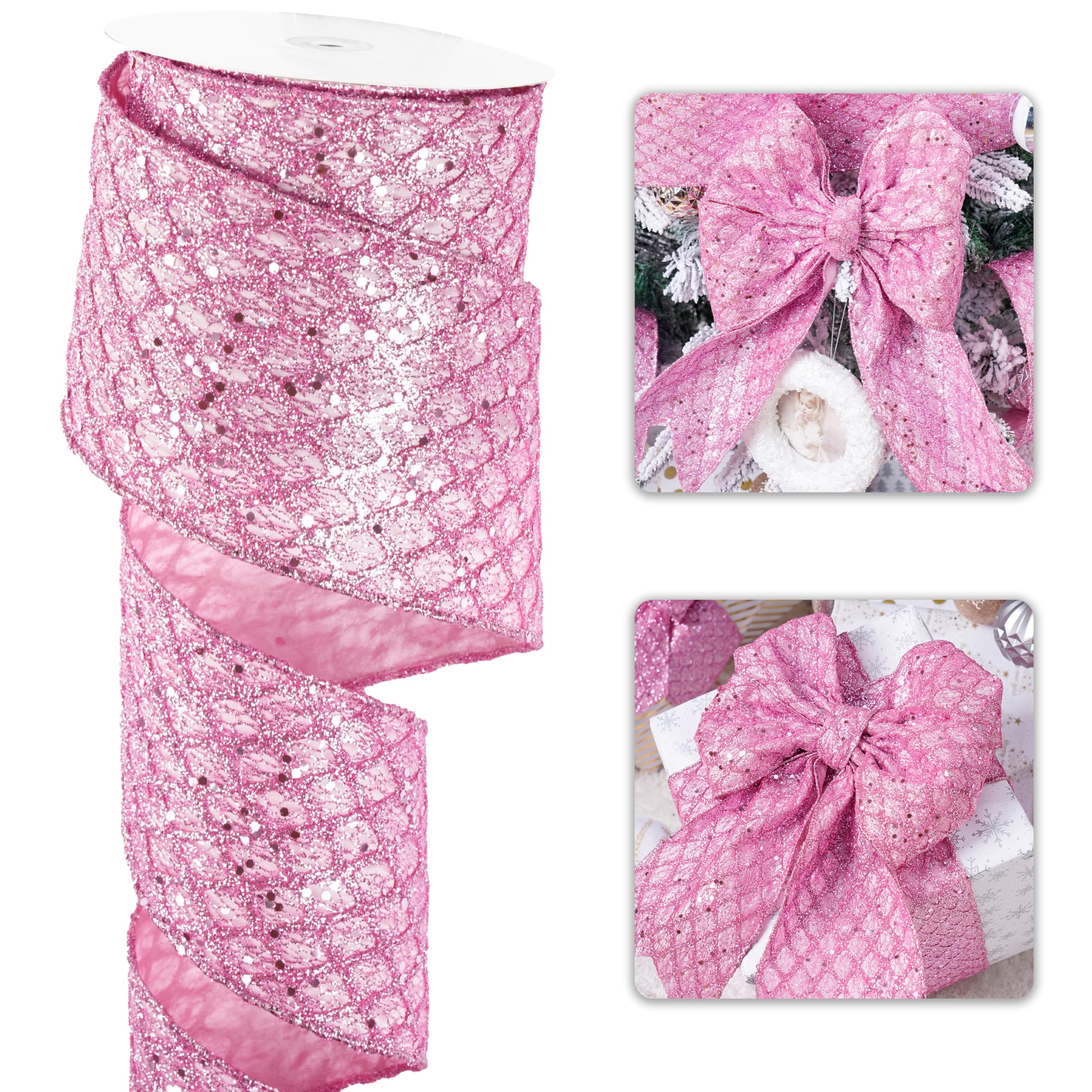 Amazon.com: LIZLOVESS Pink Christmas Ribbon 4" Glitter Mesh Wired ...