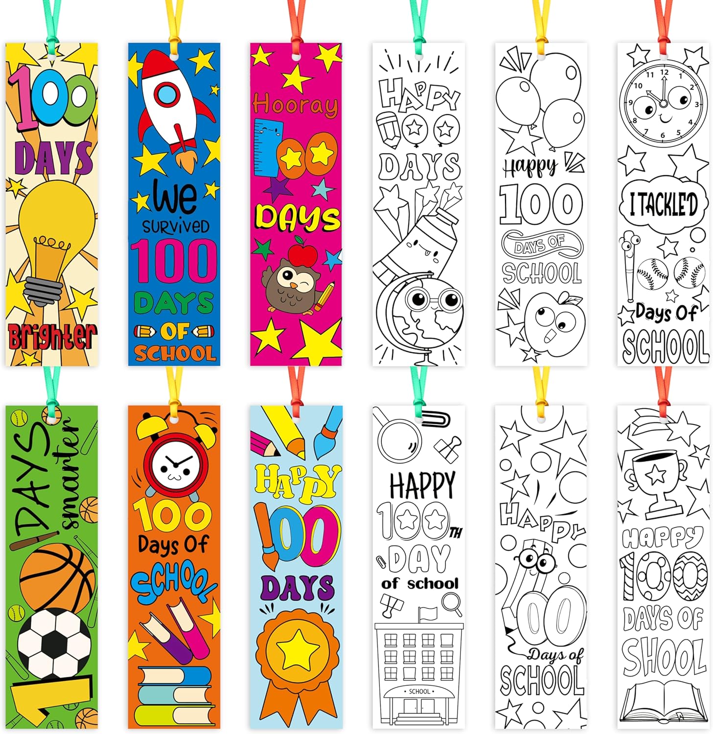 Amazon.com: 3sscha 72Pcs 100th Day of School Color Your Own Bookmarks ...