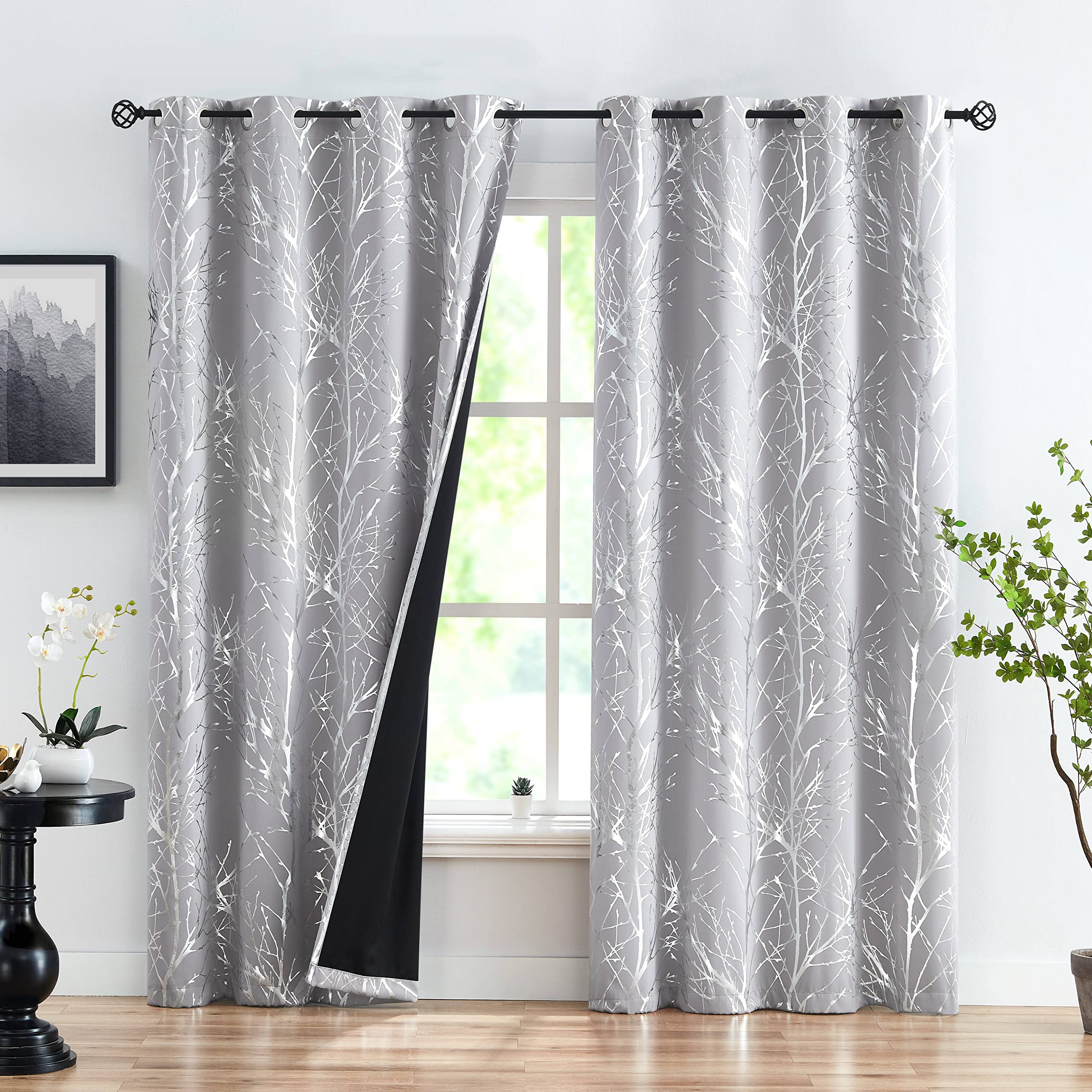 Silver Metallic Curtains Oriental Squares Ring Top Curtains, Silver. A
