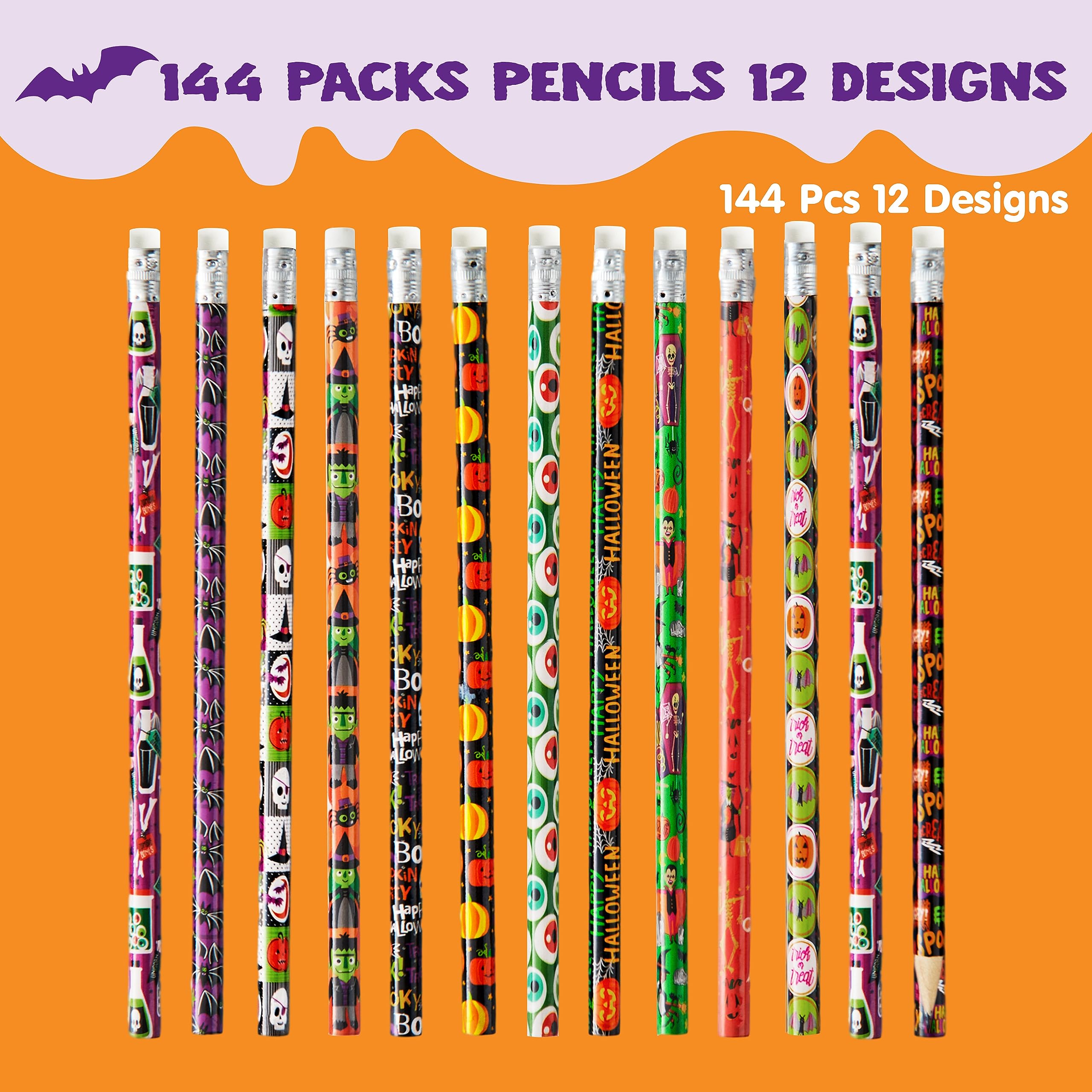 JOYIN 144-Pack Halloween Pencils with Eraser — 12 Design Halloween ...