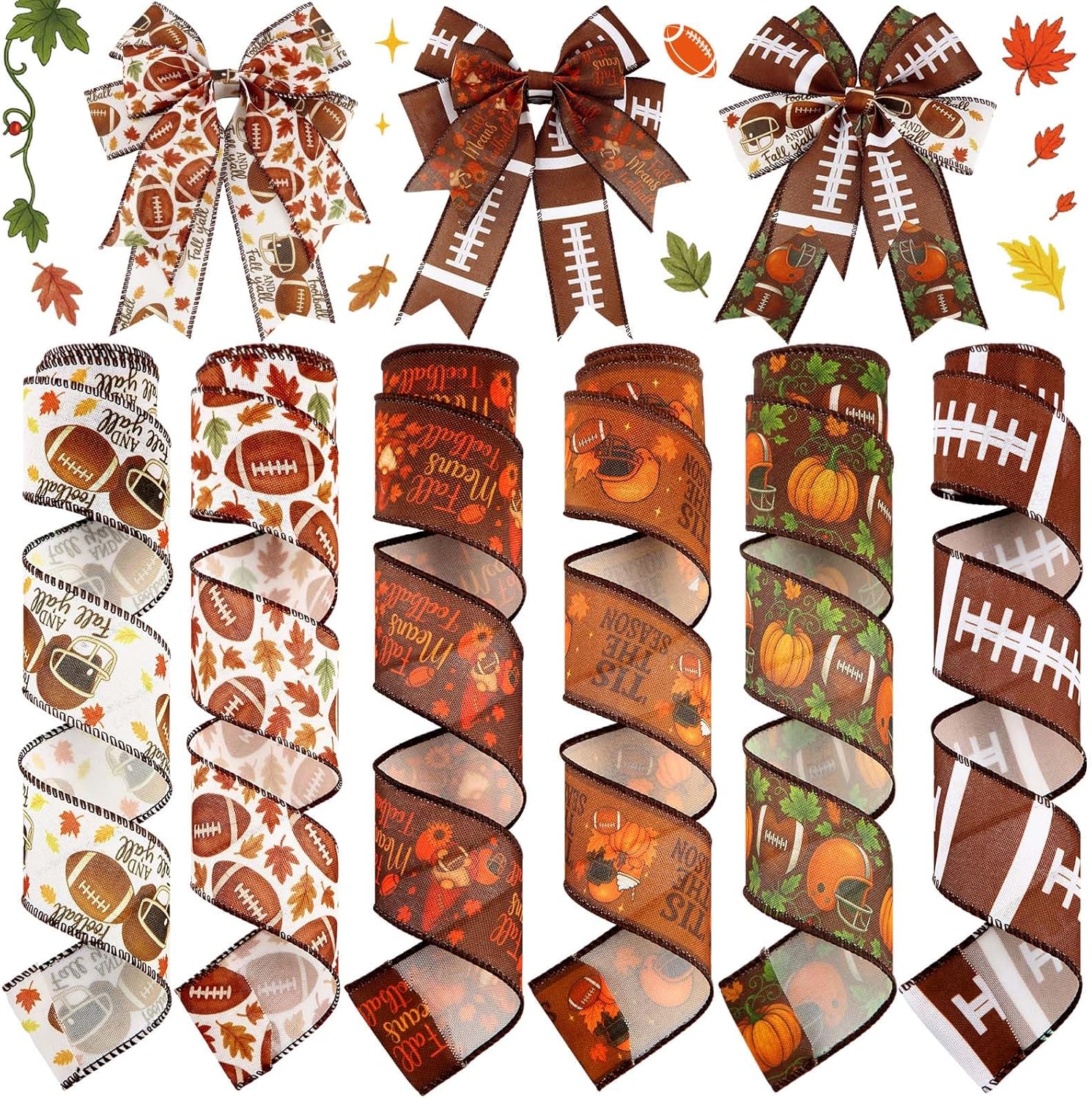 Amazon.com: Juexica 6 Rolls Football Fall Wired Edge Ribbon 2 Inch x 30 ...