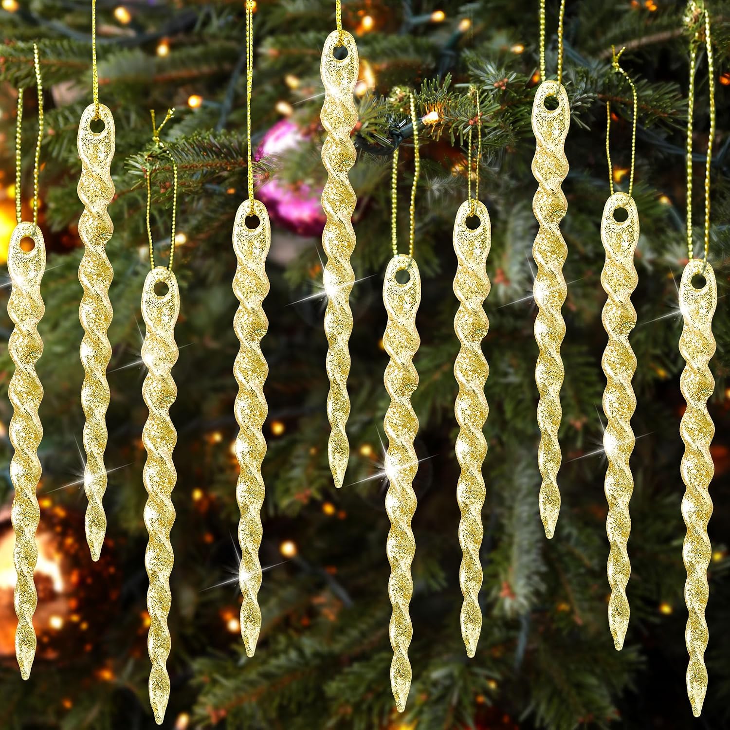 Joiedomi 32 Pcs Glitter Plastic Twisted Icicle Ornament, 5.3” Sparkling ...