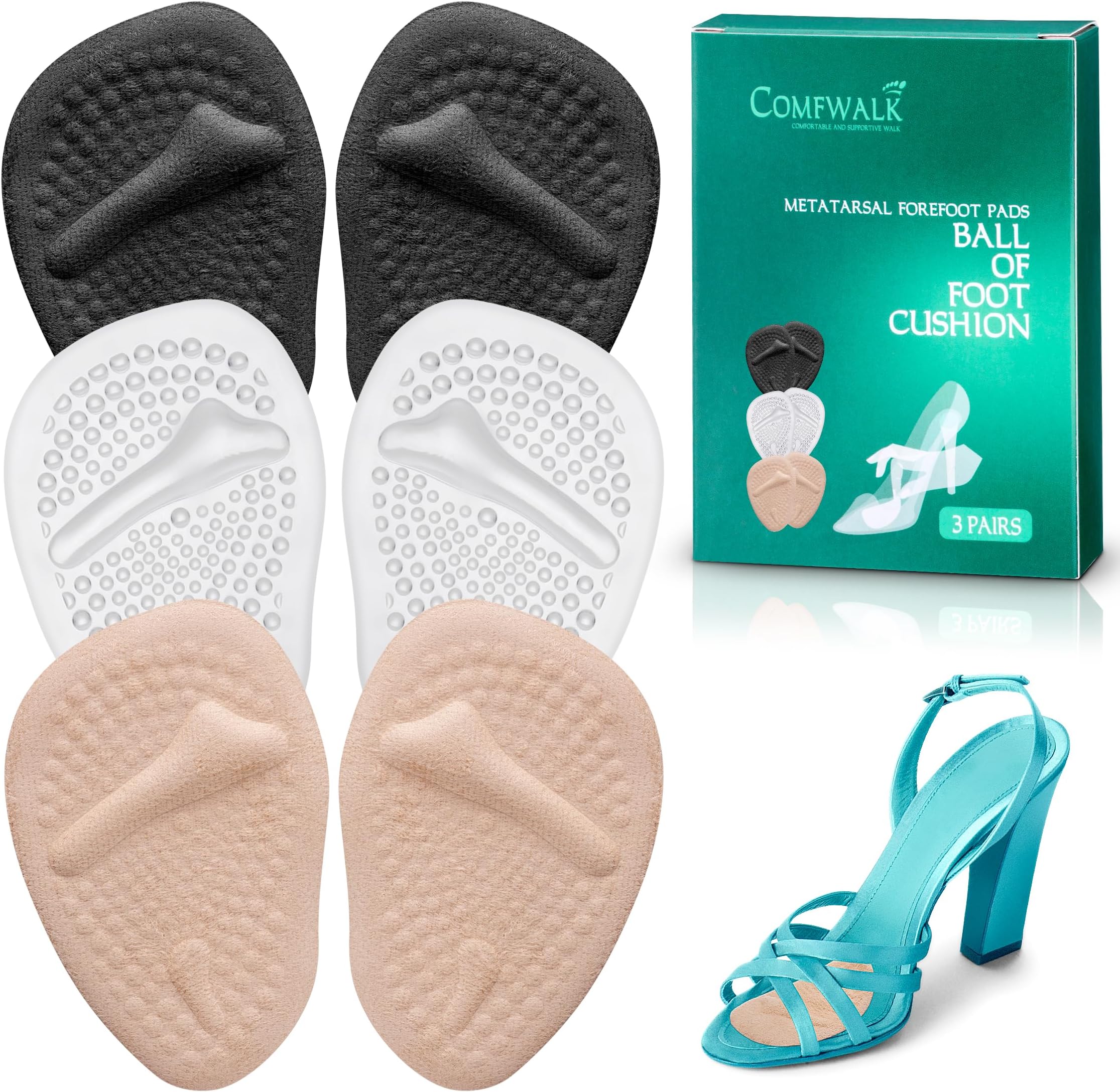 Amazon.com: COMFWALK Metatarsal Pads 3 Pairs - Ball of Foot Cushion ...