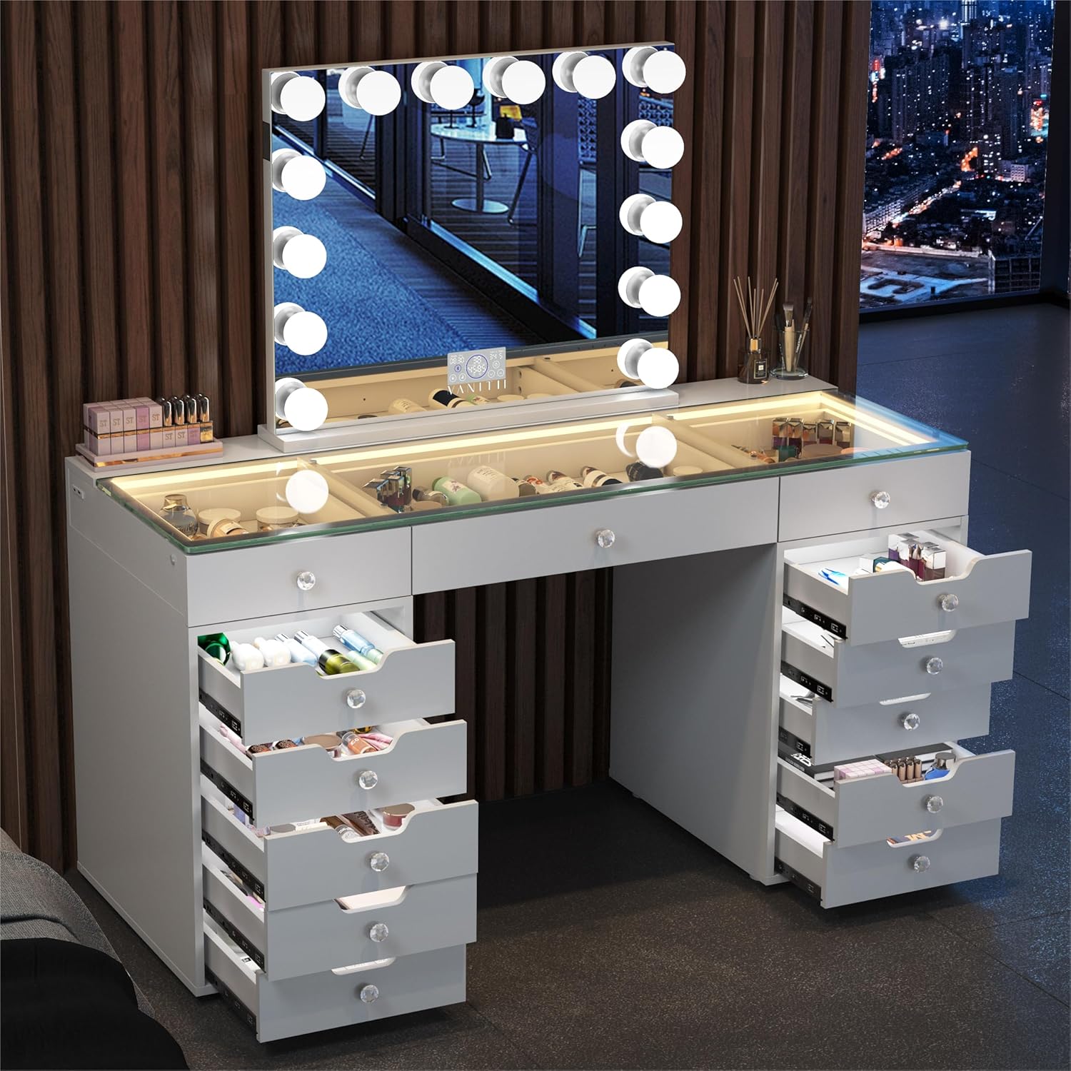 Amazon.com: VANITII Makeup Vanity Desk with 13 Light Up Drawers Large ...