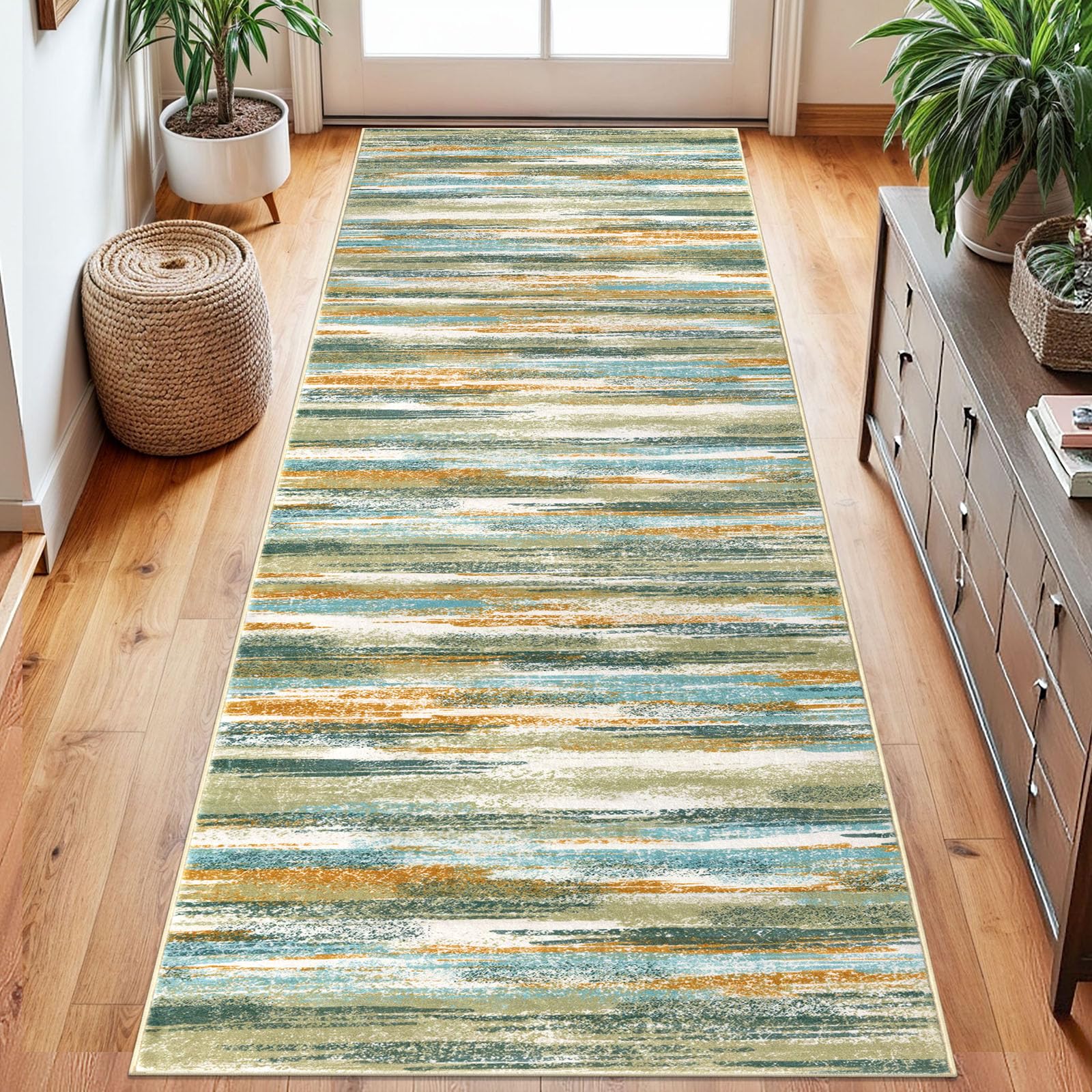 Amazon.com: Lansny Modern Abstract Runner Rug 2.6x8, Green Orange Multi ...