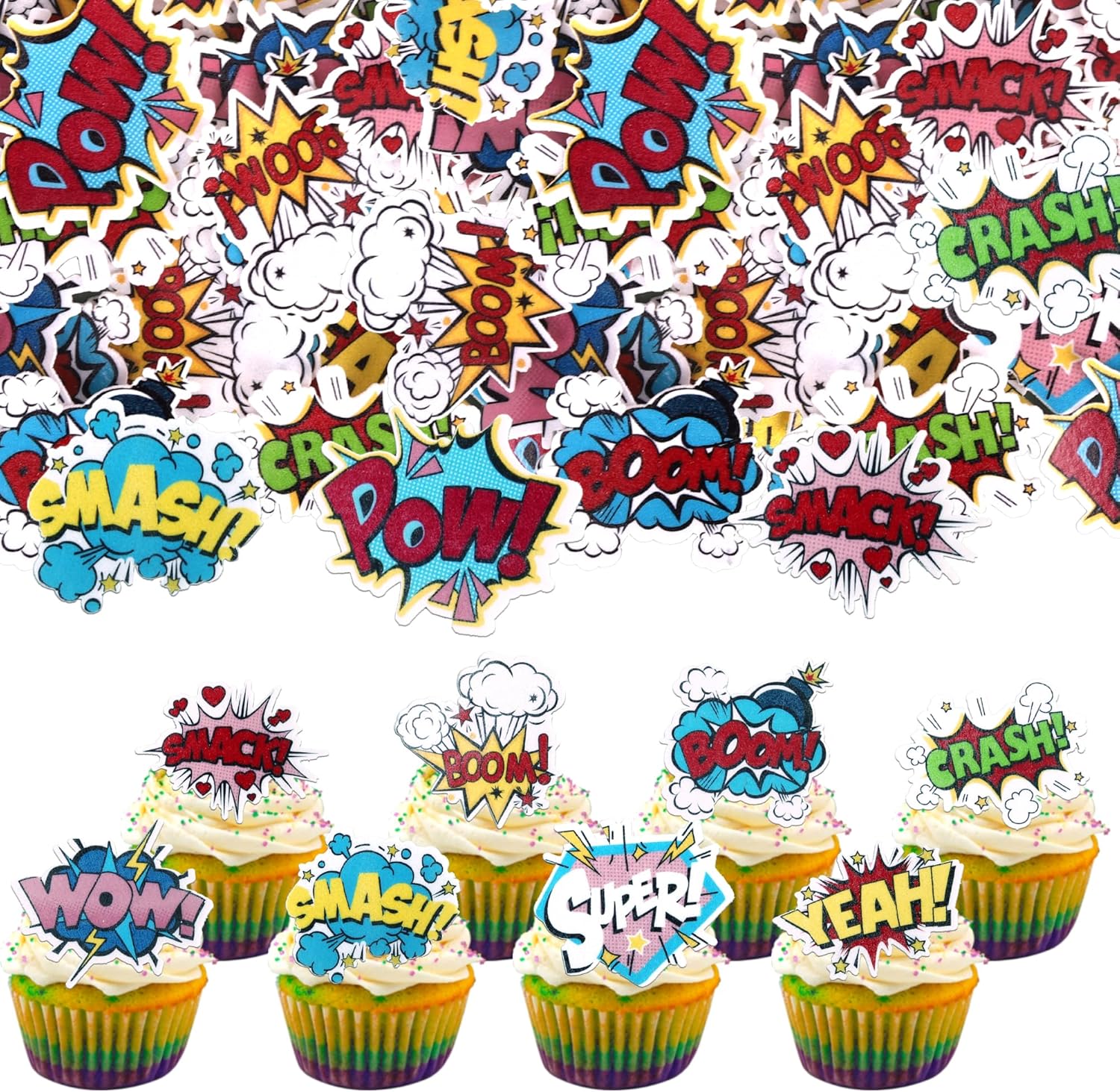ZHUOWEISM 63 PCS Edible Super Hero Boom Cupcake Toppers Smash Crash Pow ...