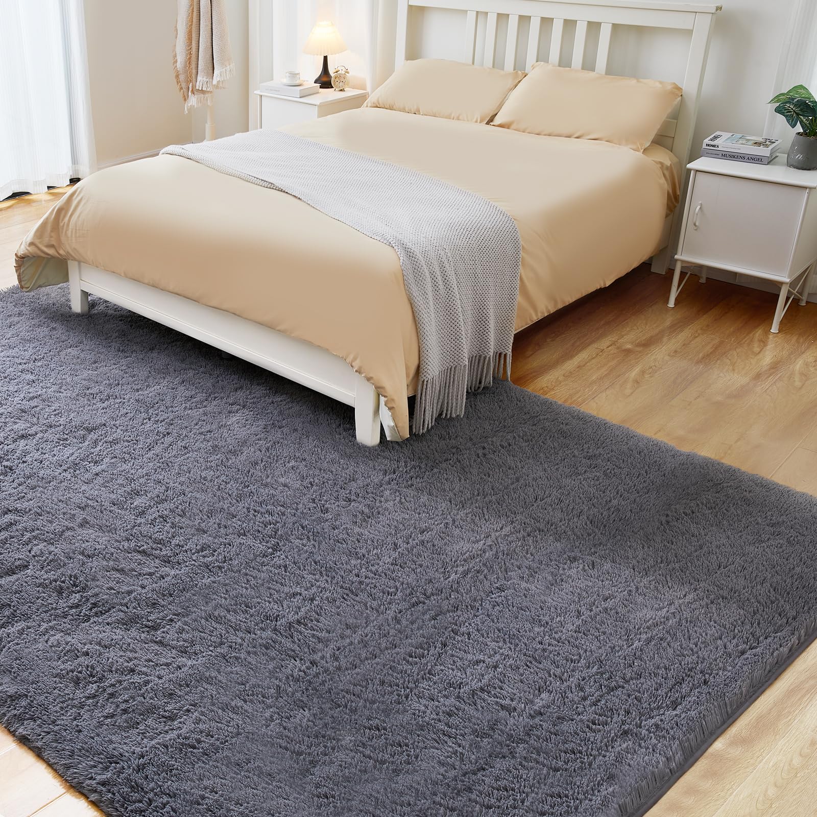 8x10 Grey Fluffy Plush Area Rug, Ultra Soft Bedroom Rug Indoor Carpet ...