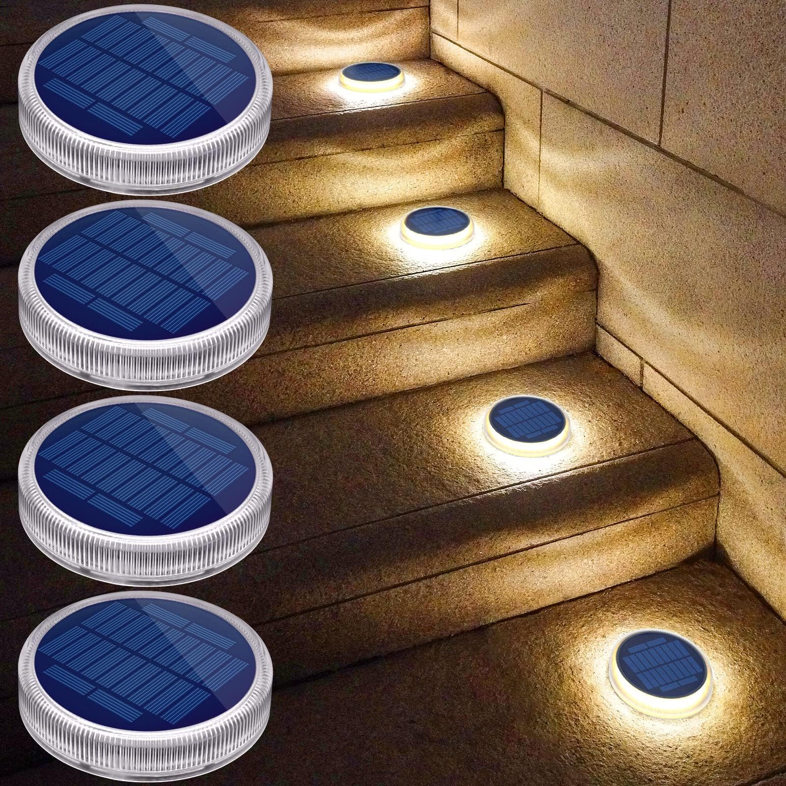 YiLaie LED Solar Deck Lights, Round Step Lights with Waterproof, Auto ...