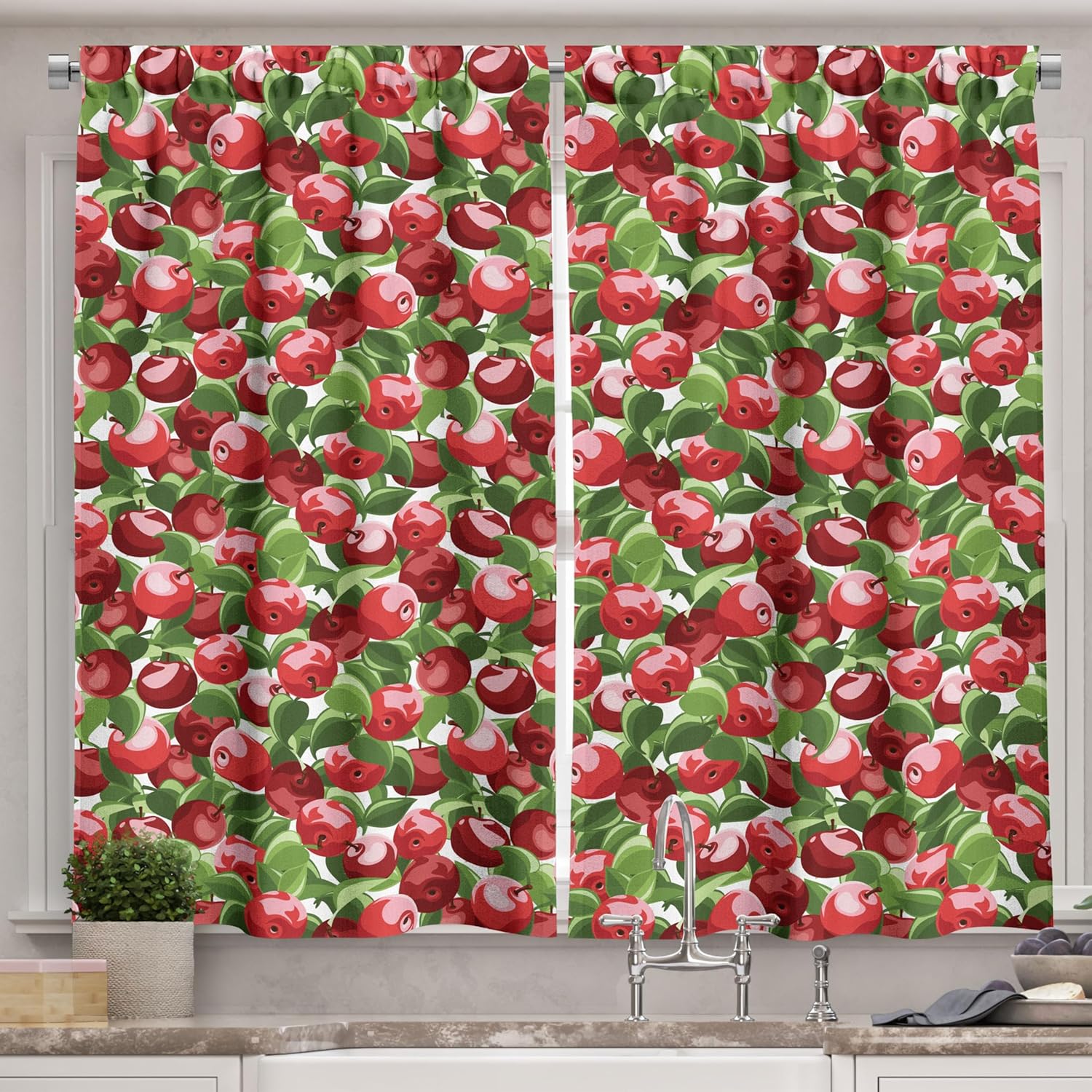 Amazon.com: Ambesonne Fruits Kitchen Curtains, Red Apples and Green ...