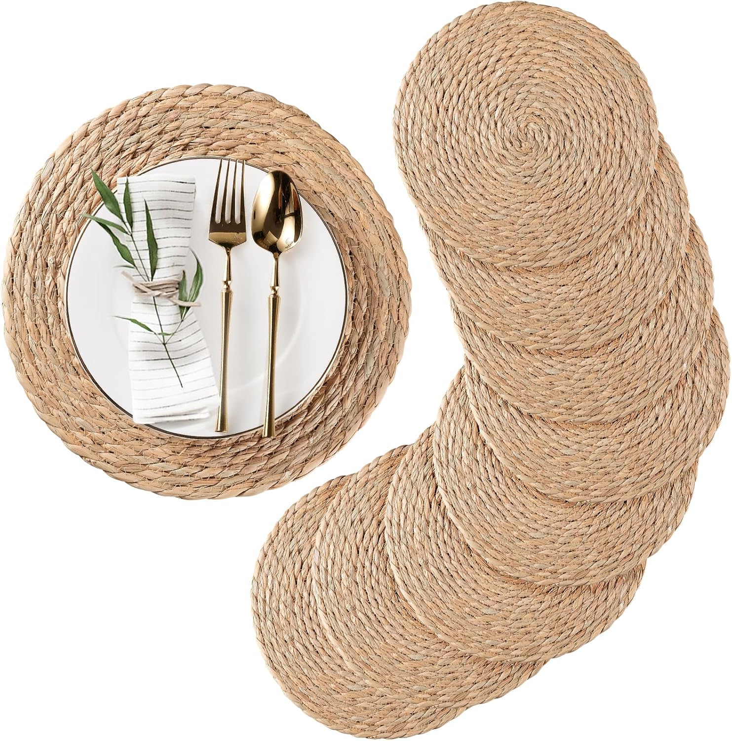 Amazon.com: Round Woven Placemats Set of 8, Natural Water Hyacinth ...