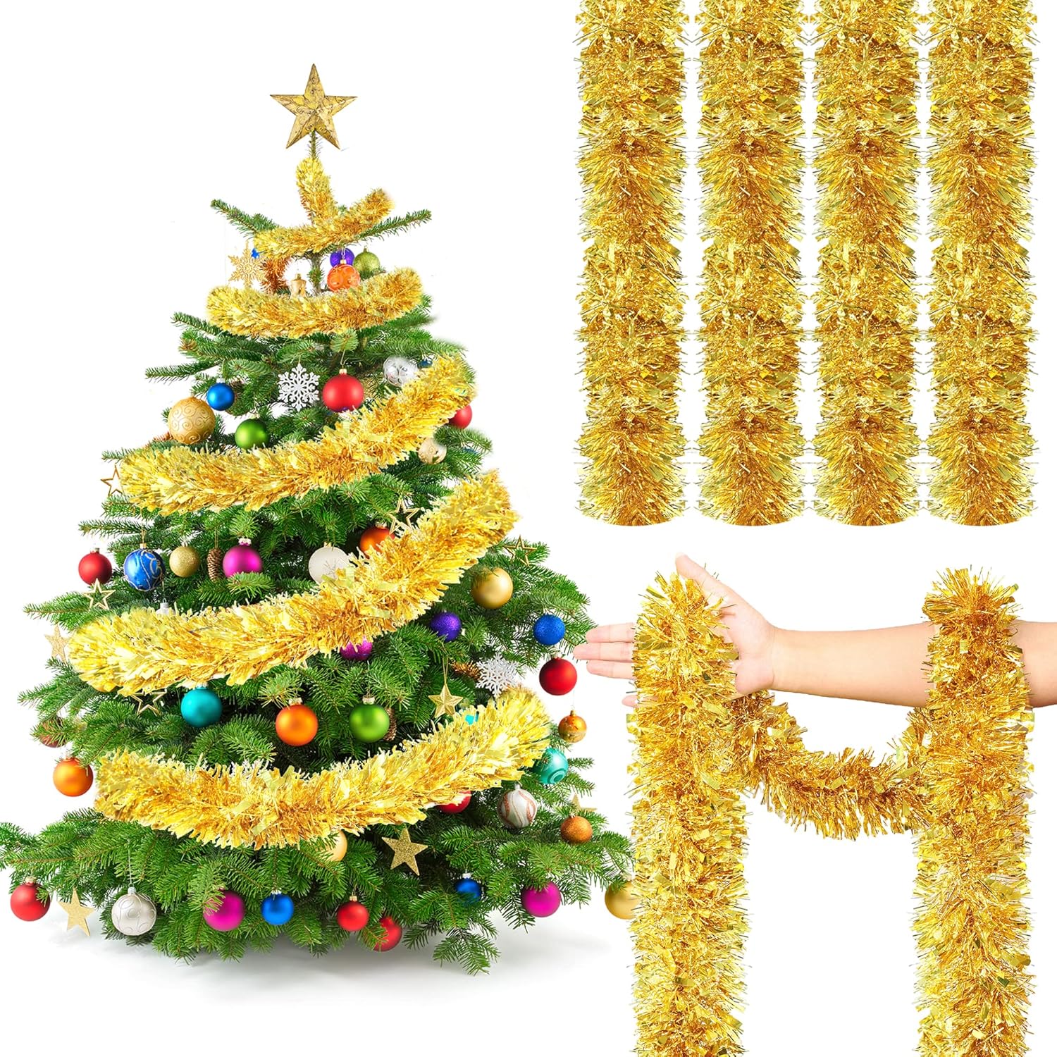 HCSSZ Gold Christmas Tinsel Garland - 32.8FT Metallic Twist Tinsel ...