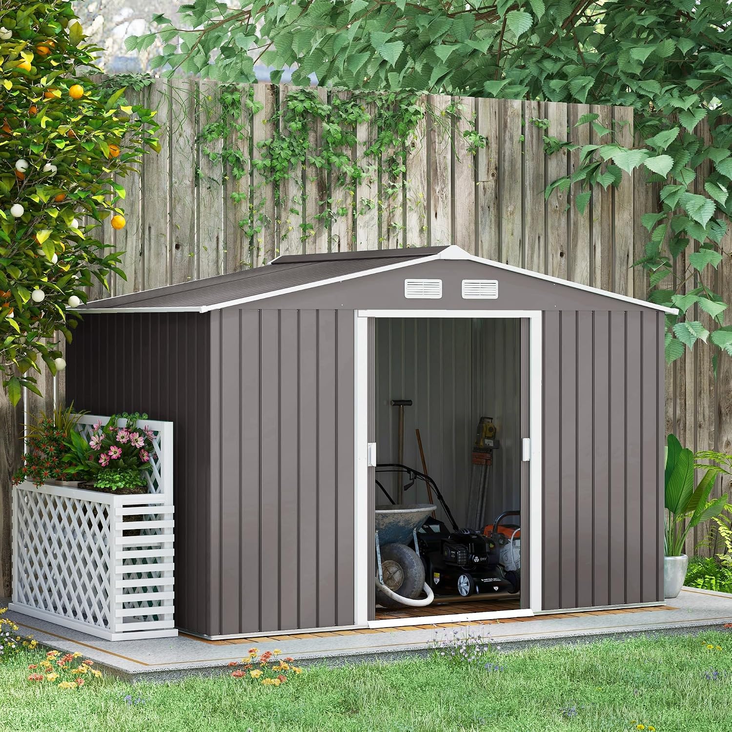 Outsunny 9' x 6' Garden Storage Shed with Foundation Kit, Metal Tool ...