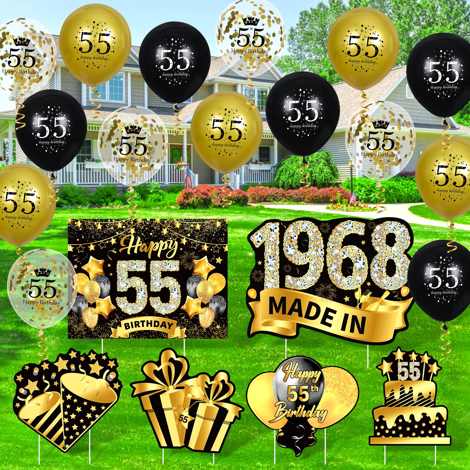 Amazon.com: Black Gold 55th Birthday Decorations for Men Women 6Pcs ...