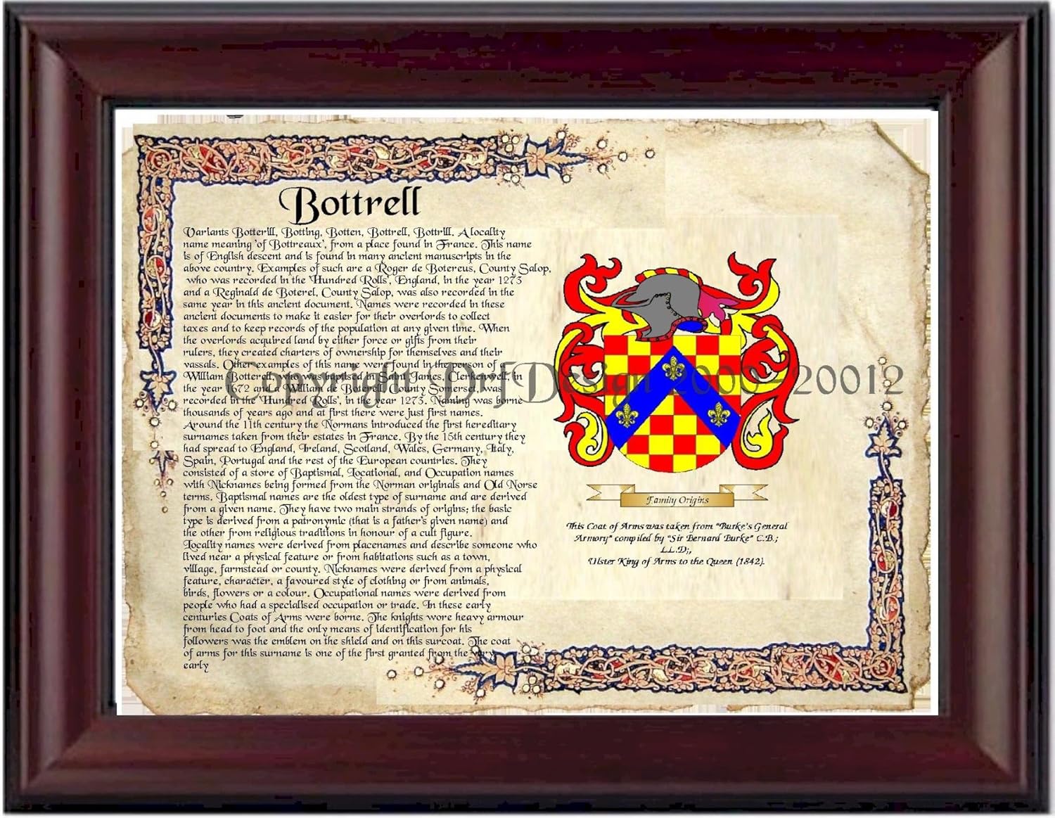 Amazon.com: Bottrell Coat of Arms/ Family History 11" x 13 " Wood ...