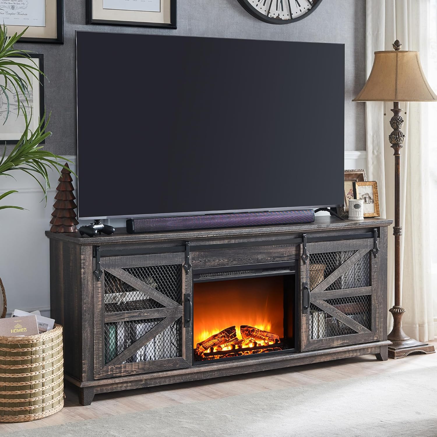 Amazon.com: OKD Fireplace TV Stand for 70 75 Inch TV, Industrial & Farmhouse Entertainment ...