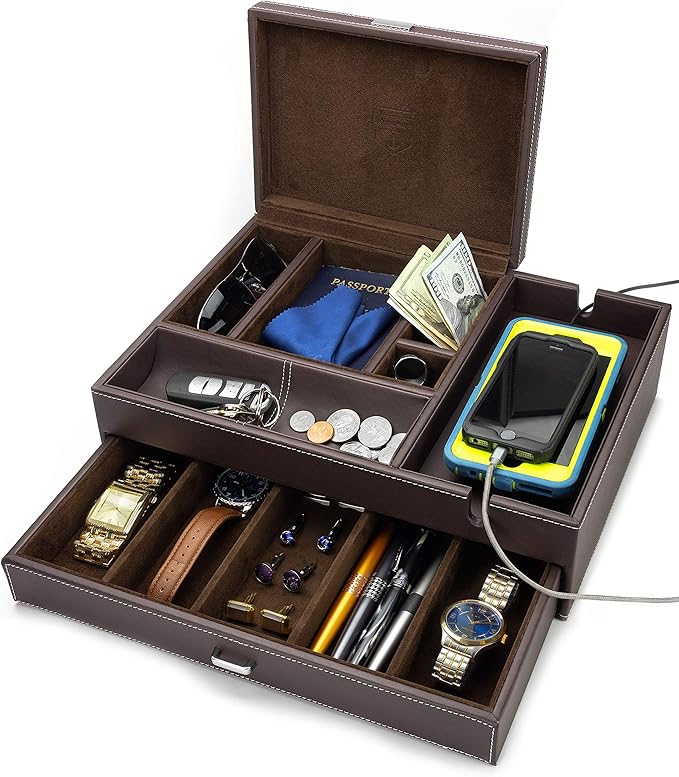 Amazon.com: Mens Watch Box Leather Valet Tray - Bedside Table Organizer ...