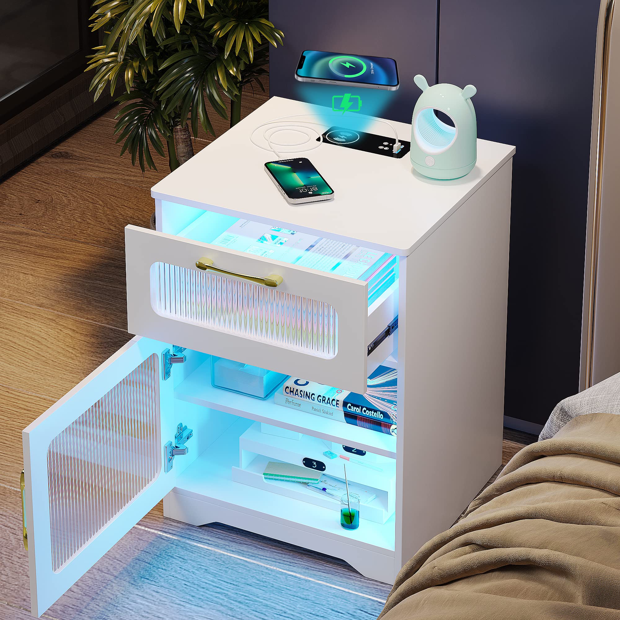 Gurexl LED Nightstand with Wireless Charging Station,3 Color Dimmable ...