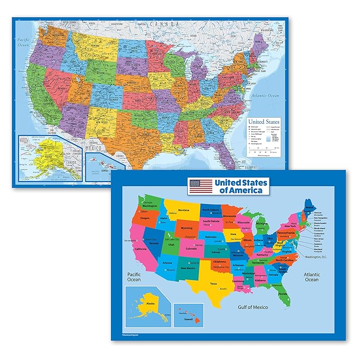 Buy 2 Pack - USA Map Poster [Blue Ocean] & USA Map Chart for Kids ...
