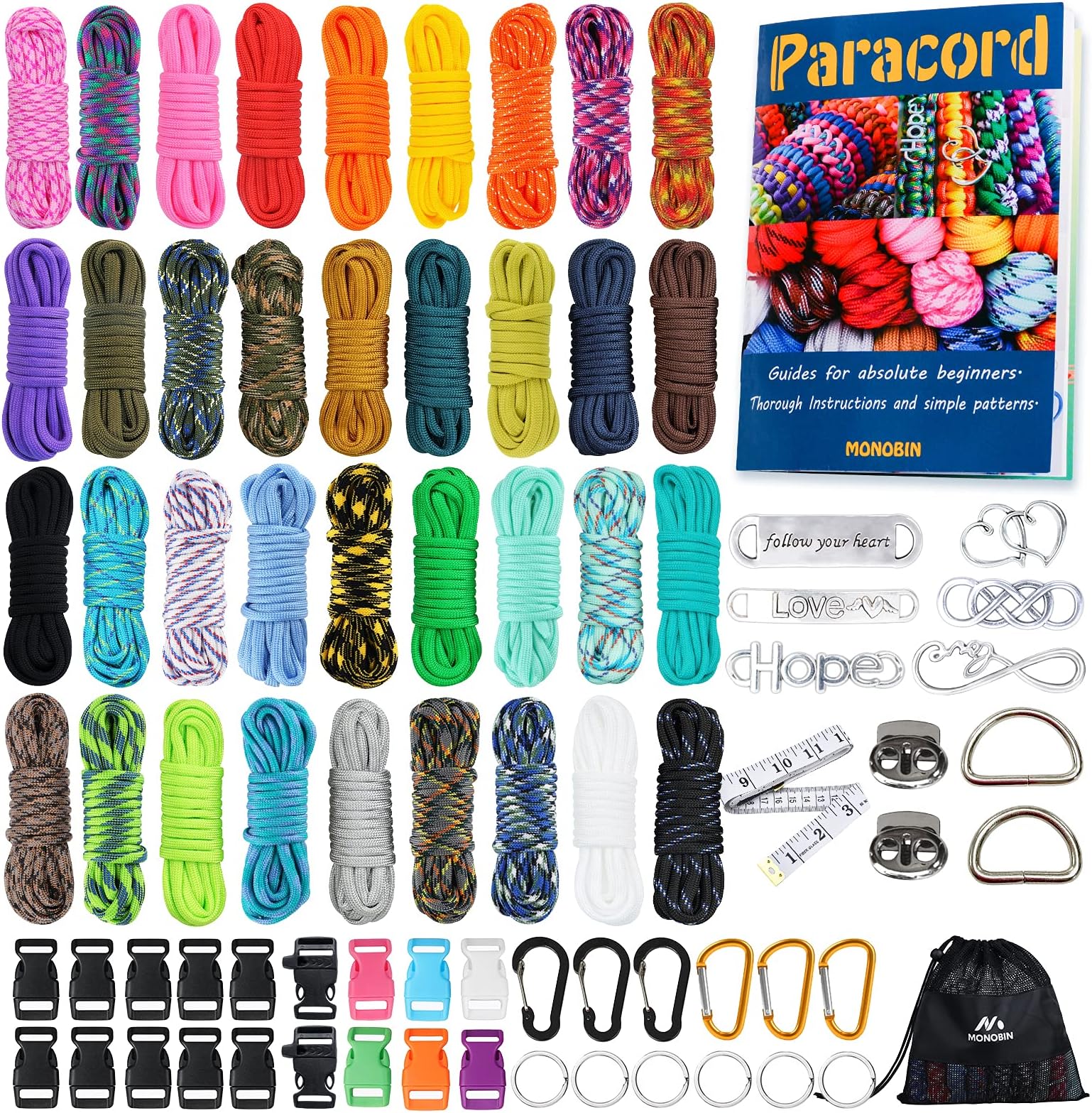 MONOBIN Paracord, 550 Paracord Combo Kit with Instruction Book - 36 ...