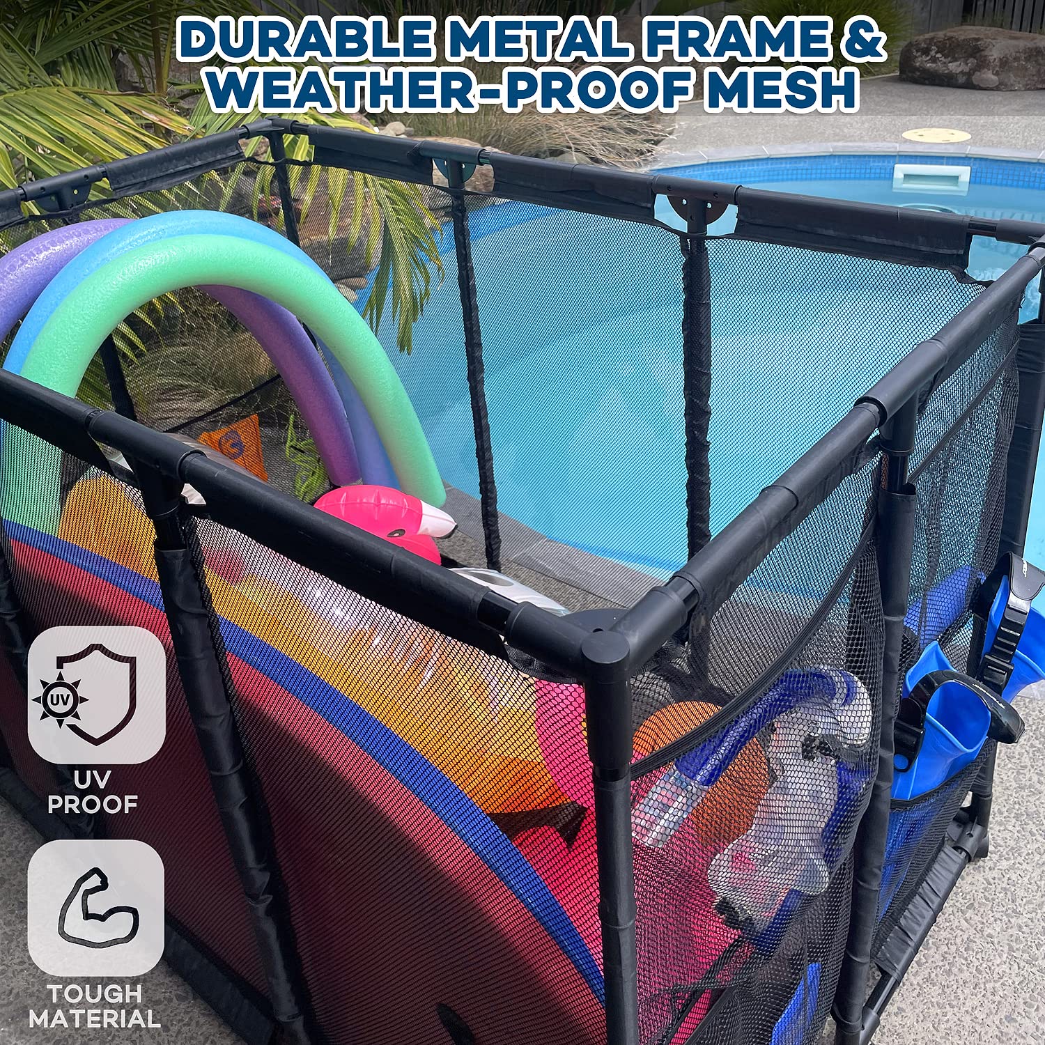 POOLFORTE Metal Pool Float Storage Organizer, XXL Black Mesh Storage ...
