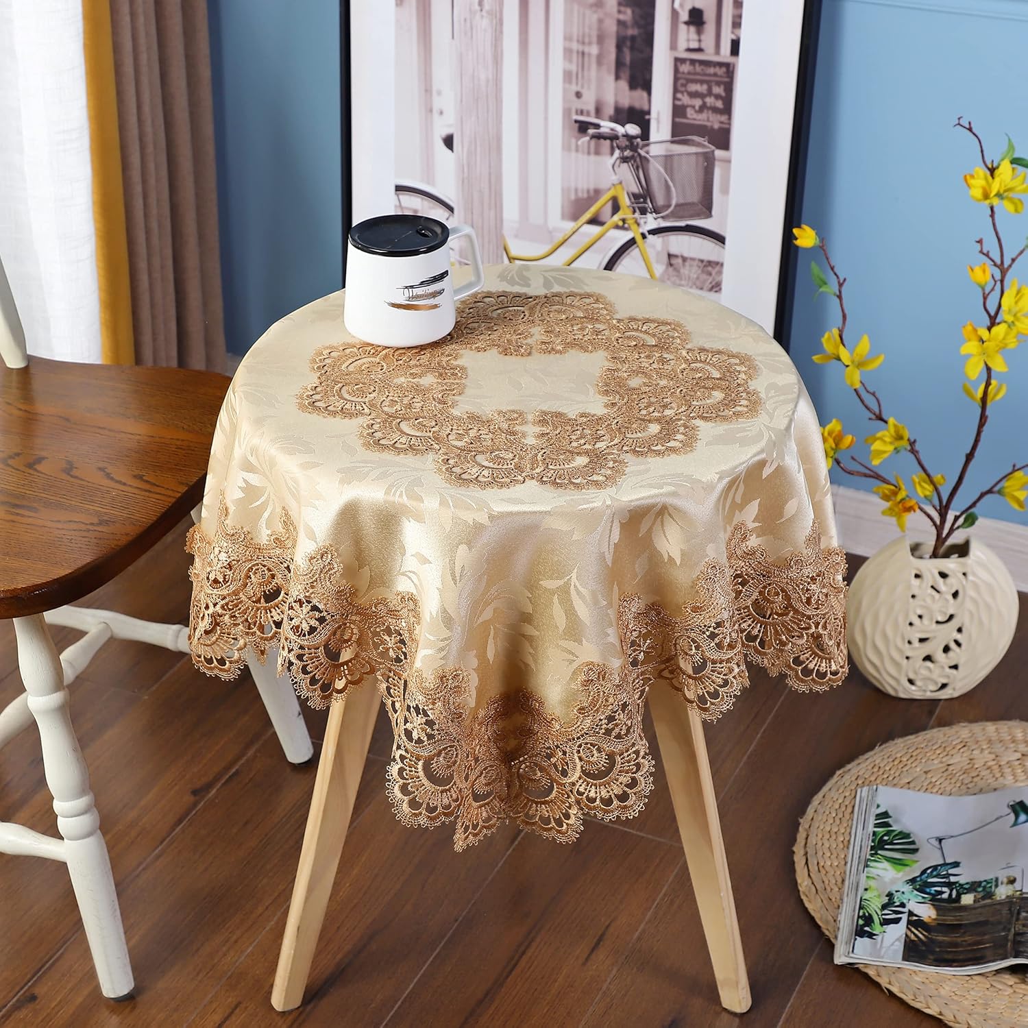 Amazon.com: QsyyHome, Jacquard Gold Round Lace Embroidery Tablecloth ...