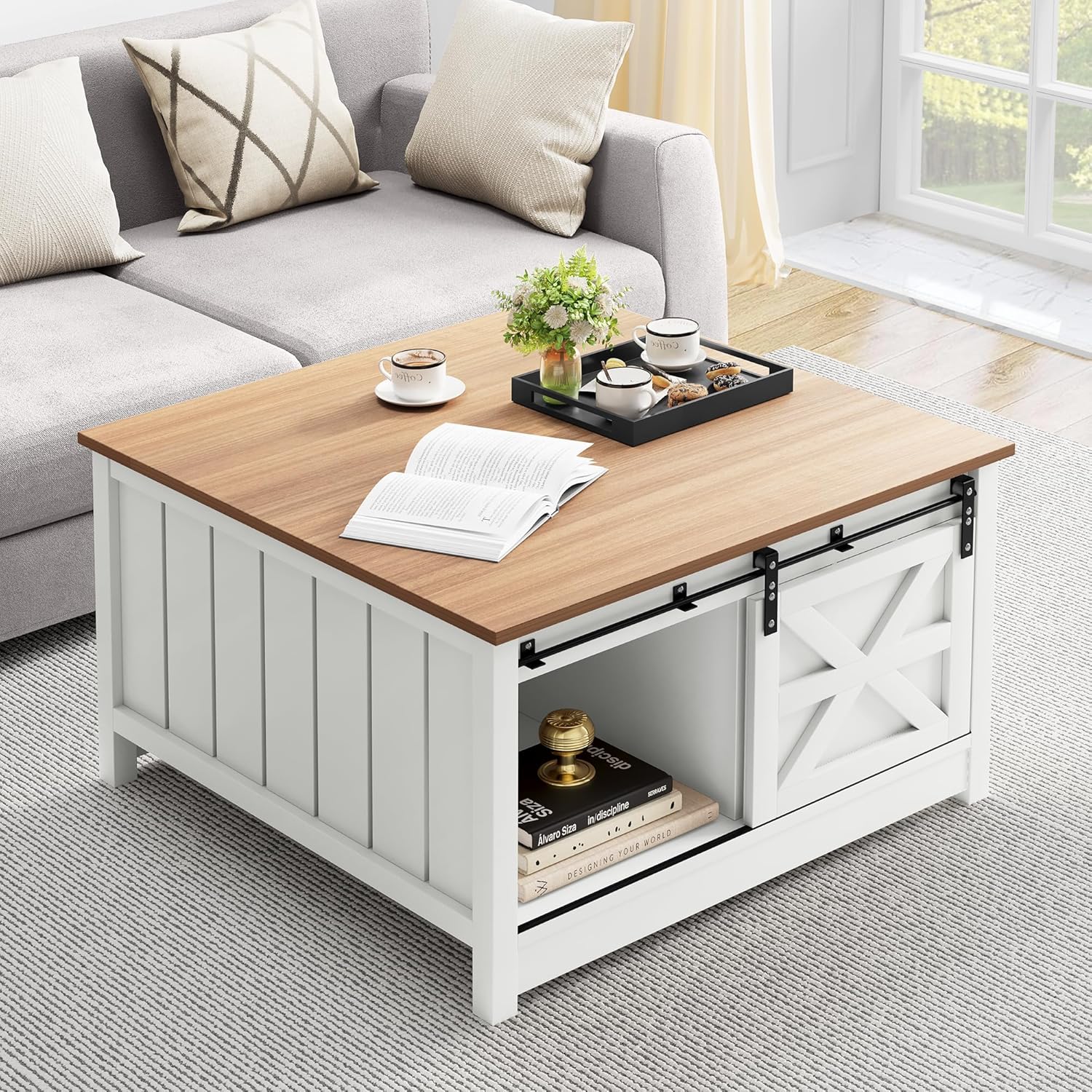 Amazon.com: YITAHOME Farmhouse Coffee Table with Sliding Barn Door ...
