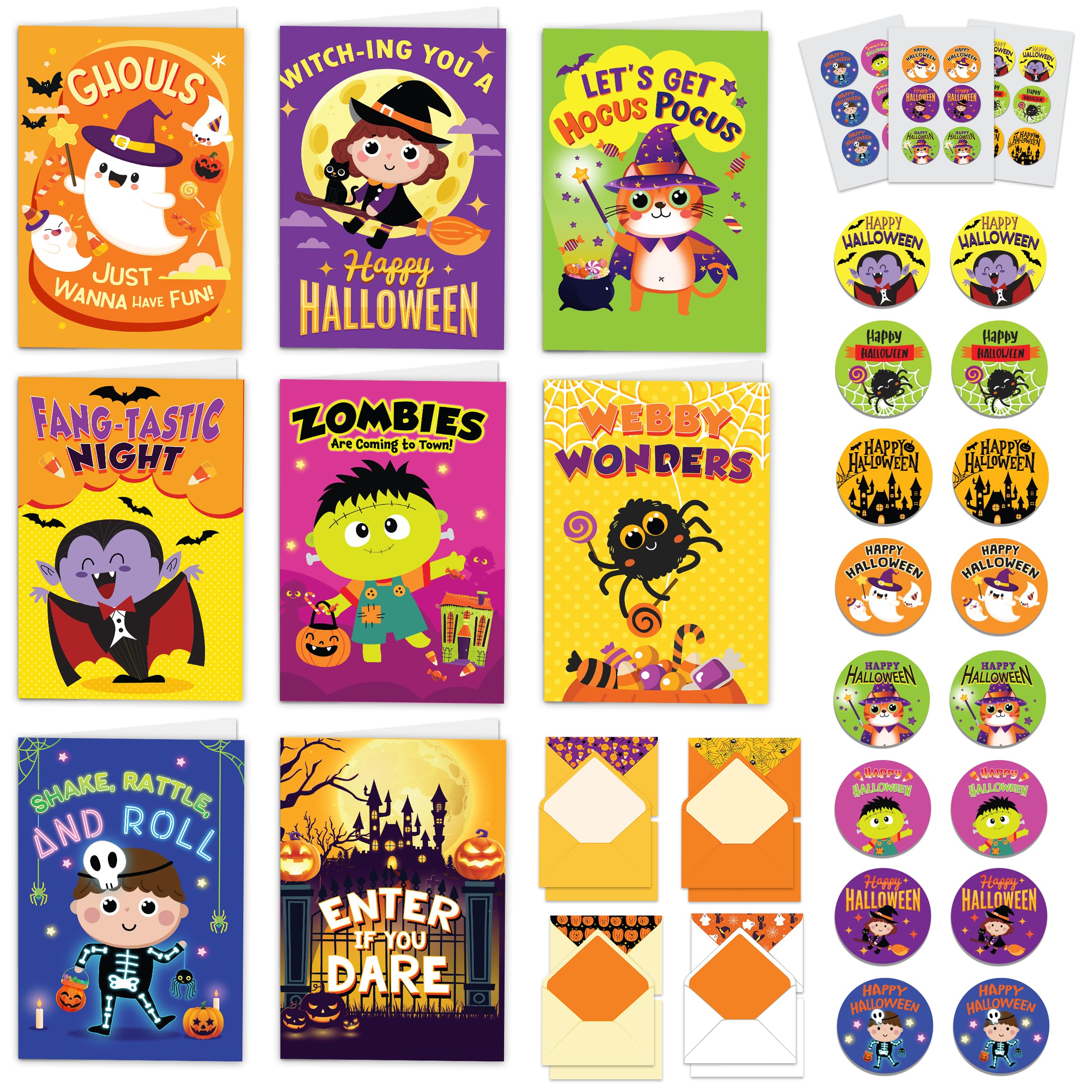 Amazon.com: Decorably 16 Pack Halloween Cards with Envelopes & Stickers ...