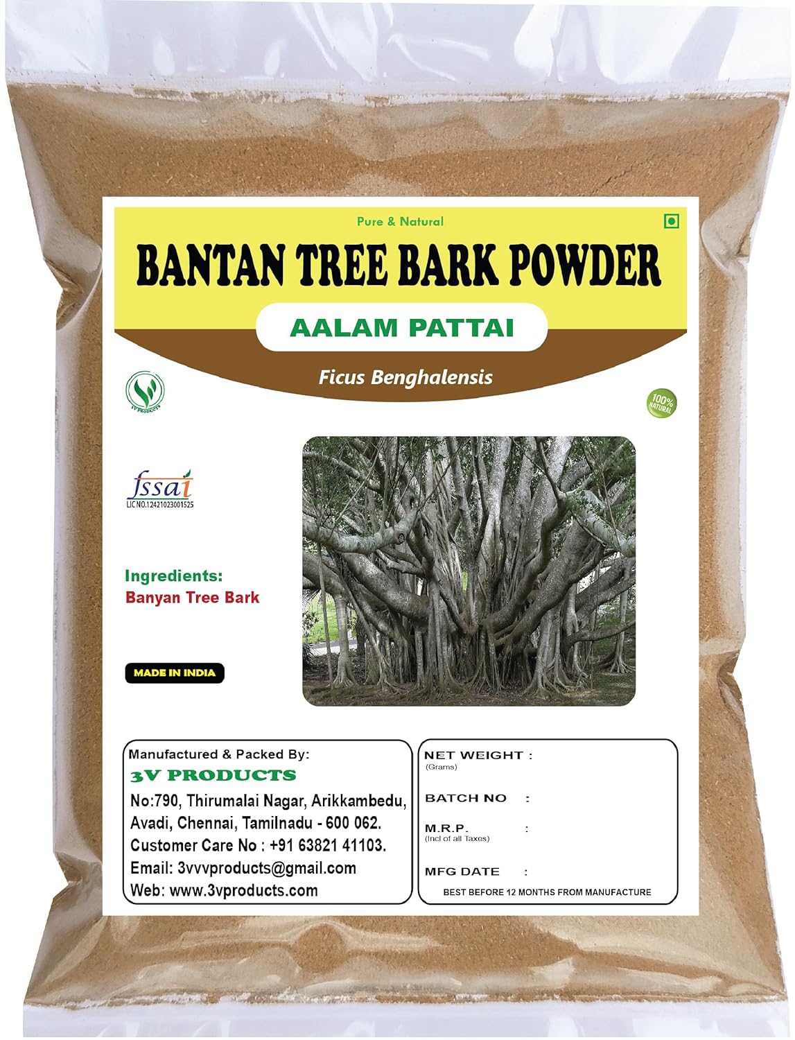 Buy 3V PRODUCTS Banyan Tree Bark Powder - Pack of 2x50g - Aalam Pattai ...