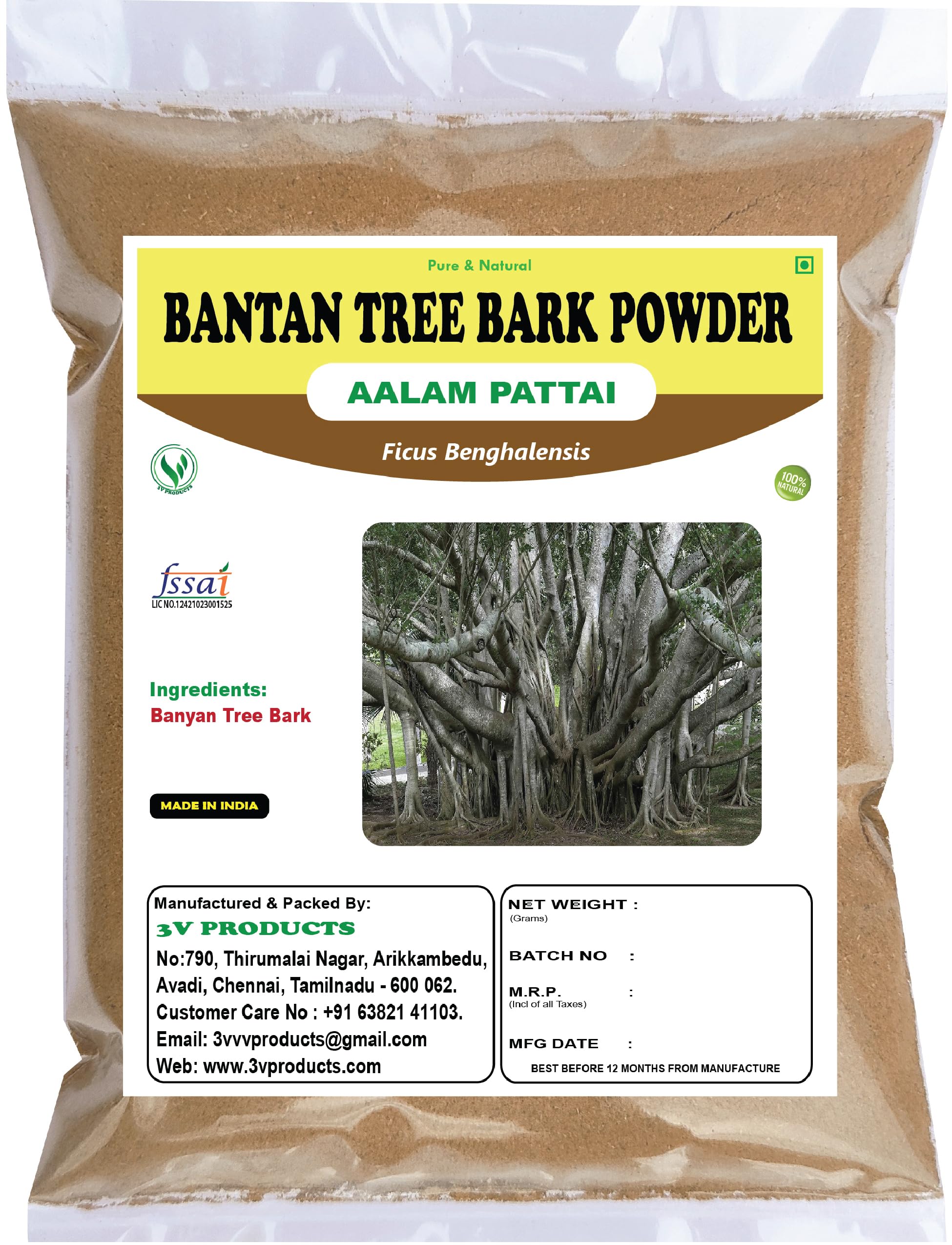 Buy 3V PRODUCTS Banyan Tree Bark Powder - Pack of 2x50g - Aalam Pattai ...