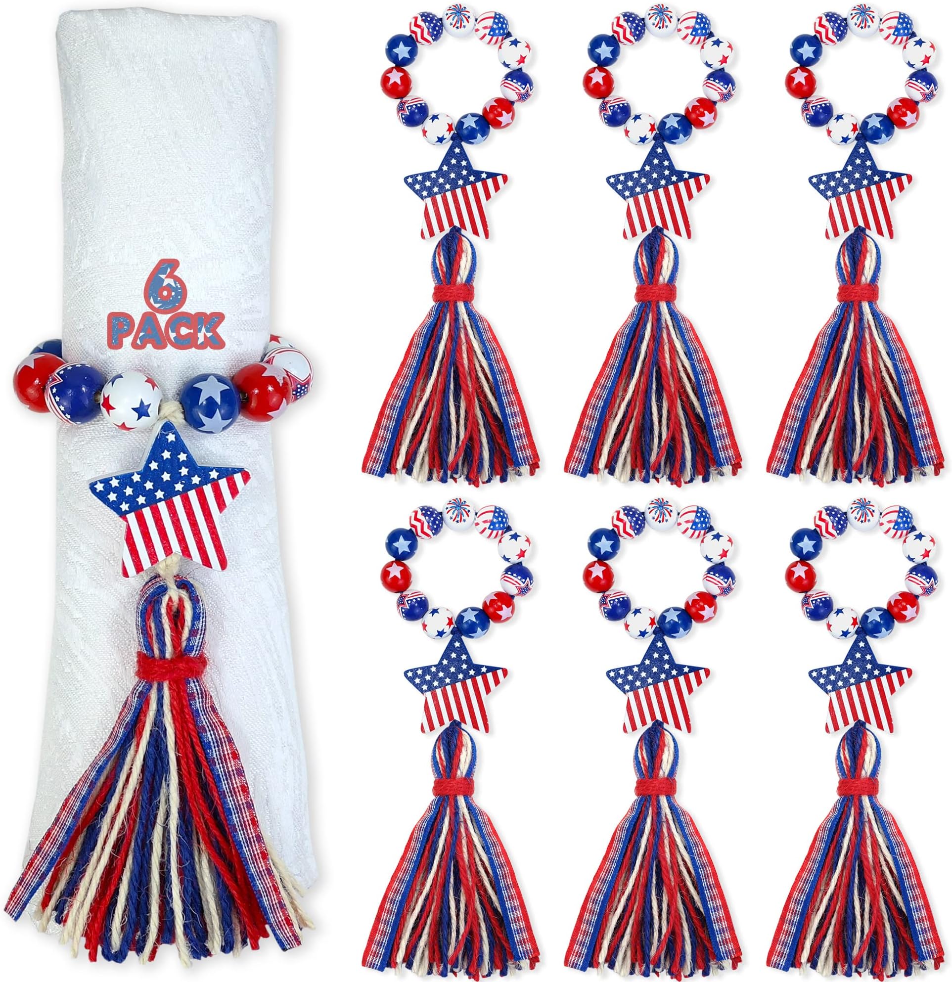 Amazon.com: MIAO JIN 8PCS Patriotic Wood Bead Napkin Ring Independence ...