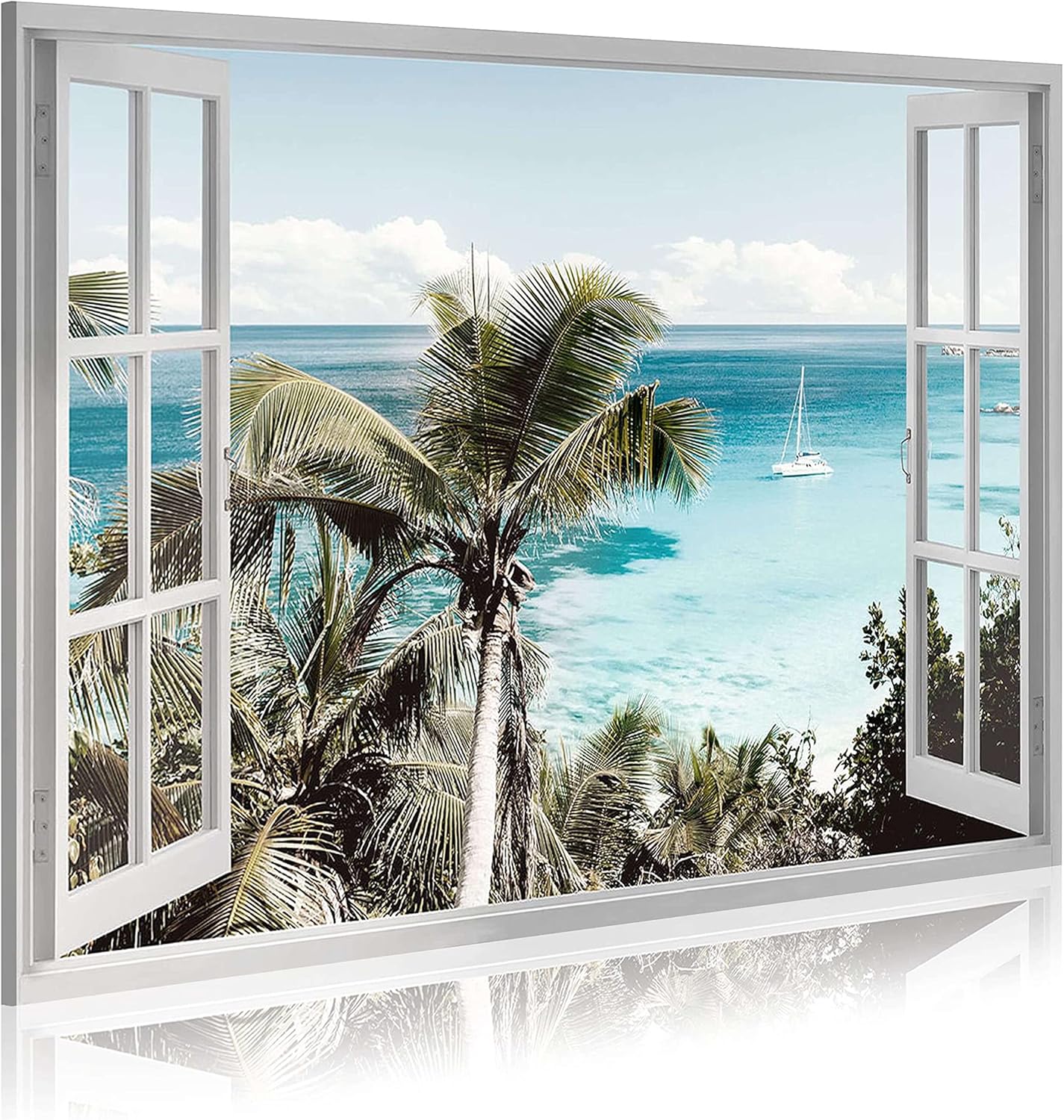 Amazon.com: Beach Window Canvas Wall Art: Ocean seaside Picture ...