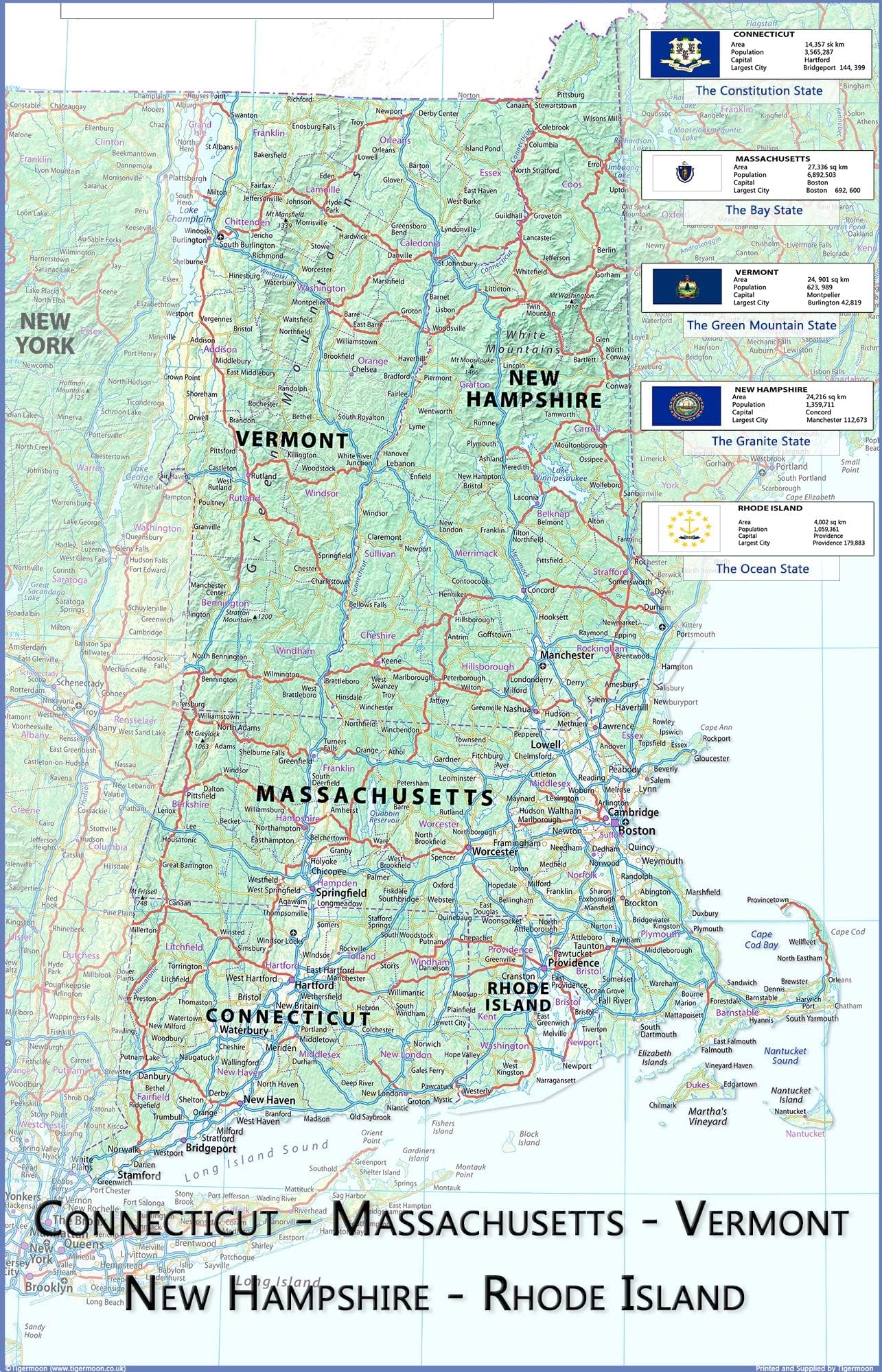 Amazon.com : Poster Map of Connecticut, Massachusetts, Vermont, New ...