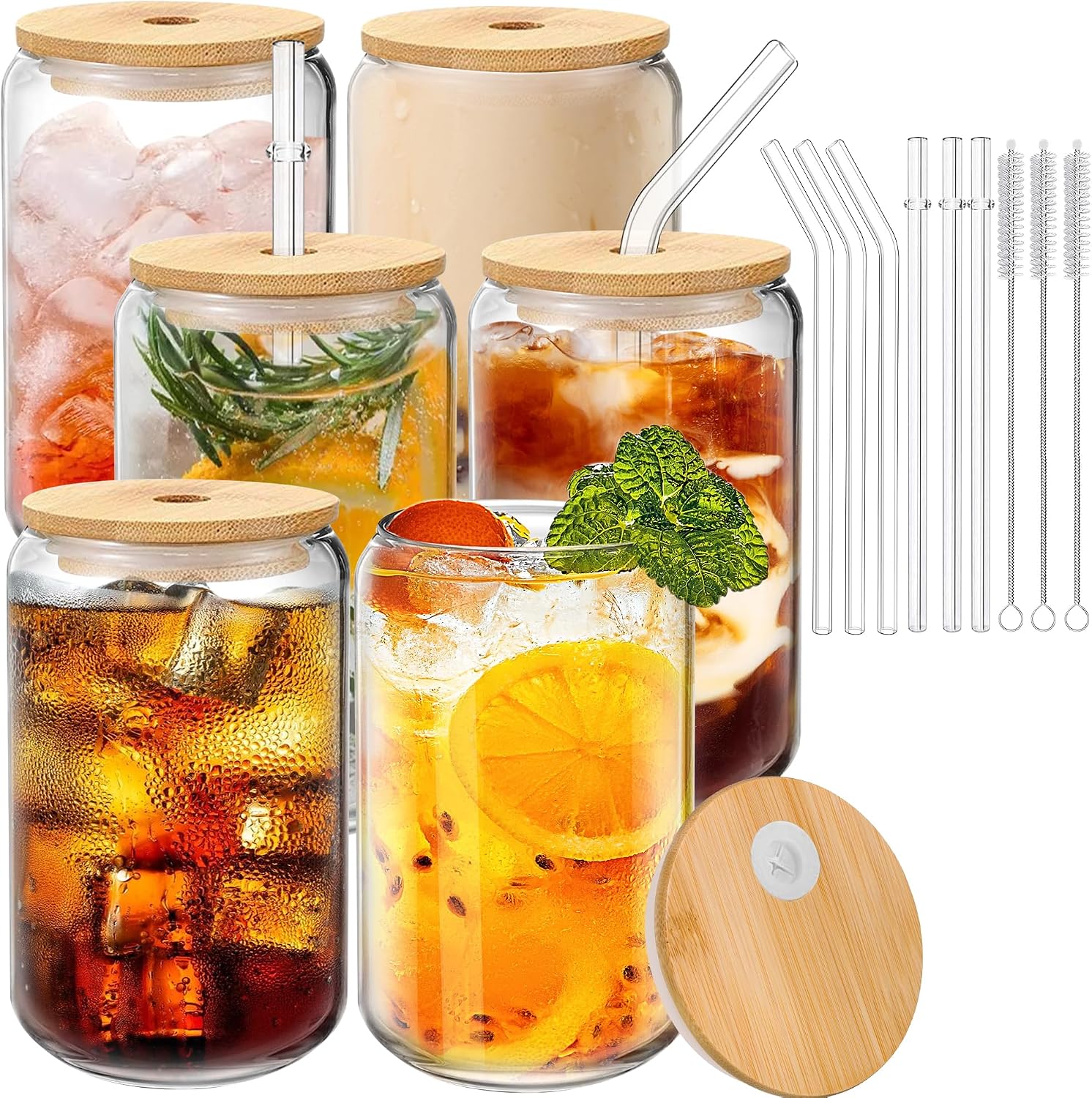 Inorbit 19oz/550ml Iced Coffee Cup, 6 Pack Glass Cups with Bamboo Lids ...