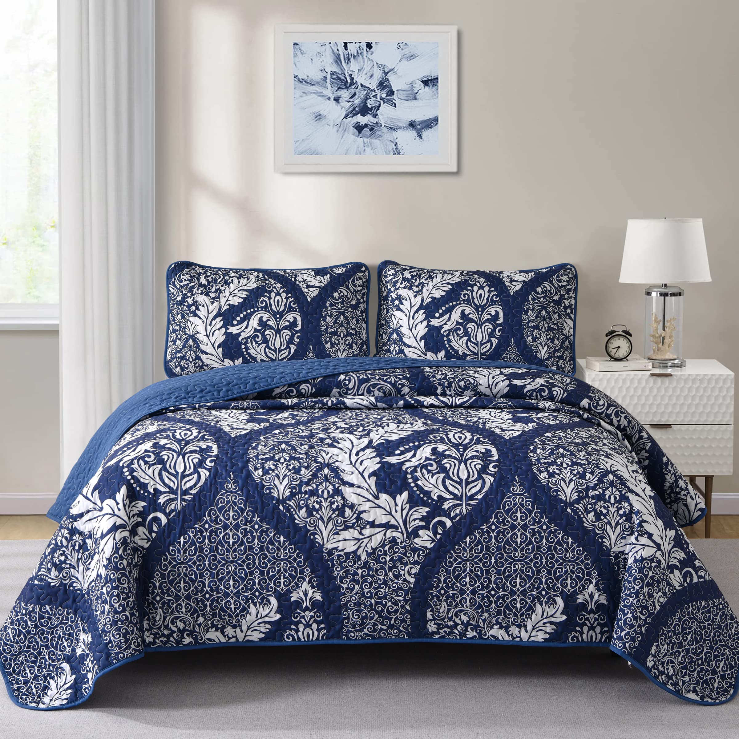 Amazon.com: DJY Navy Quilt Set Full Size, Boho Damask Bedspread ...