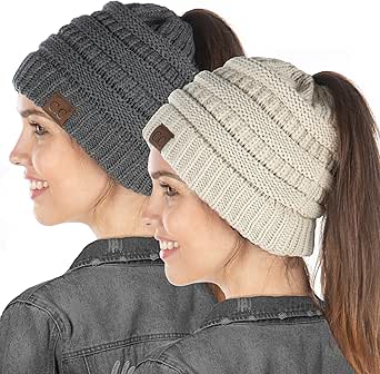 Funky Junque Solid BeanieTail 2 Pack Bundle - Beige & Charcoal at Amazon Women’s Clothing store